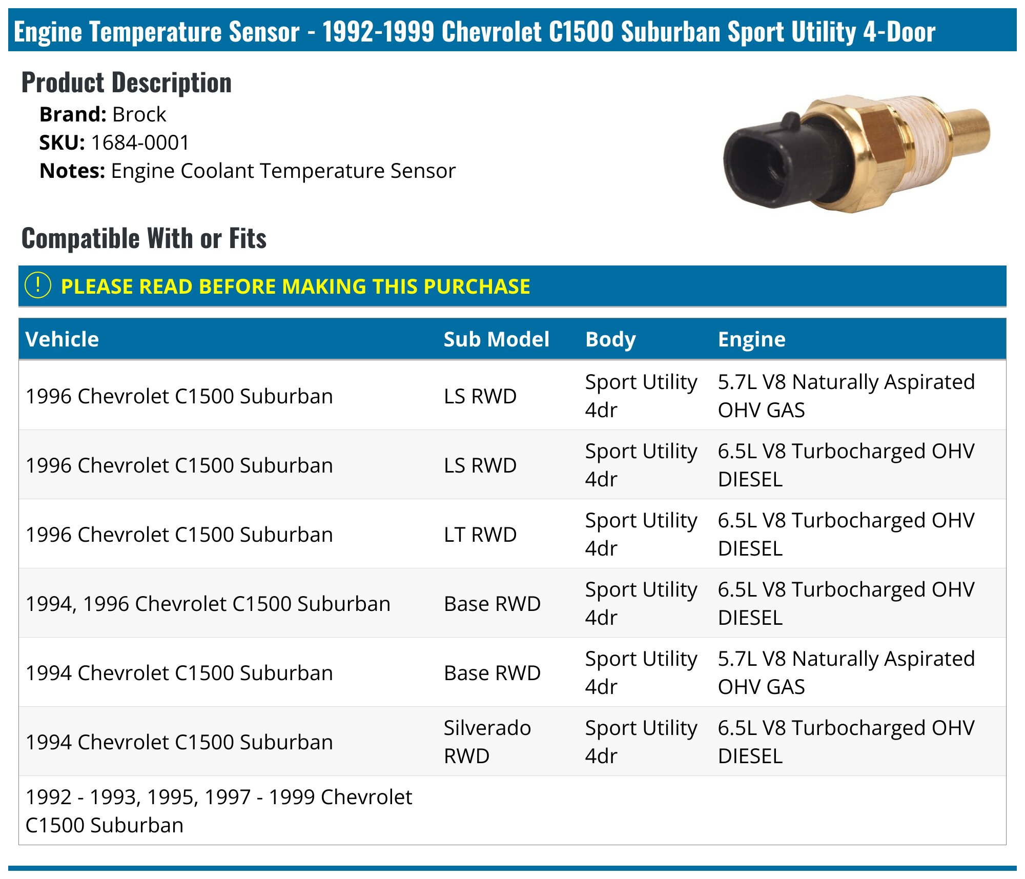 1992-1999 Chevrolet C1500 Suburban Engine Temperature Sensor - Brock ...