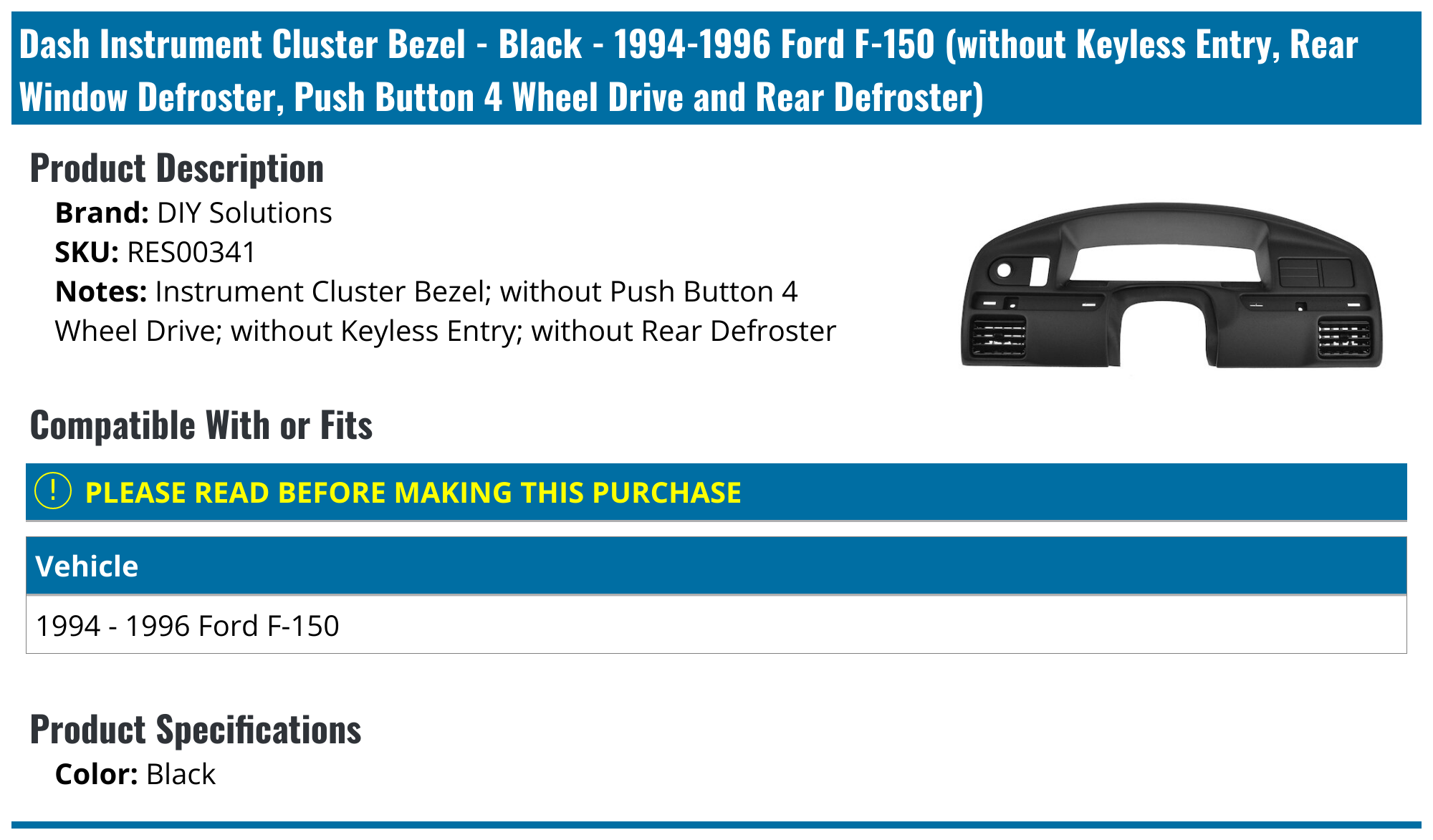 1994-1996 Ford F150 Instrument Cluster Bezel - DIY Solutions RES00341 ...