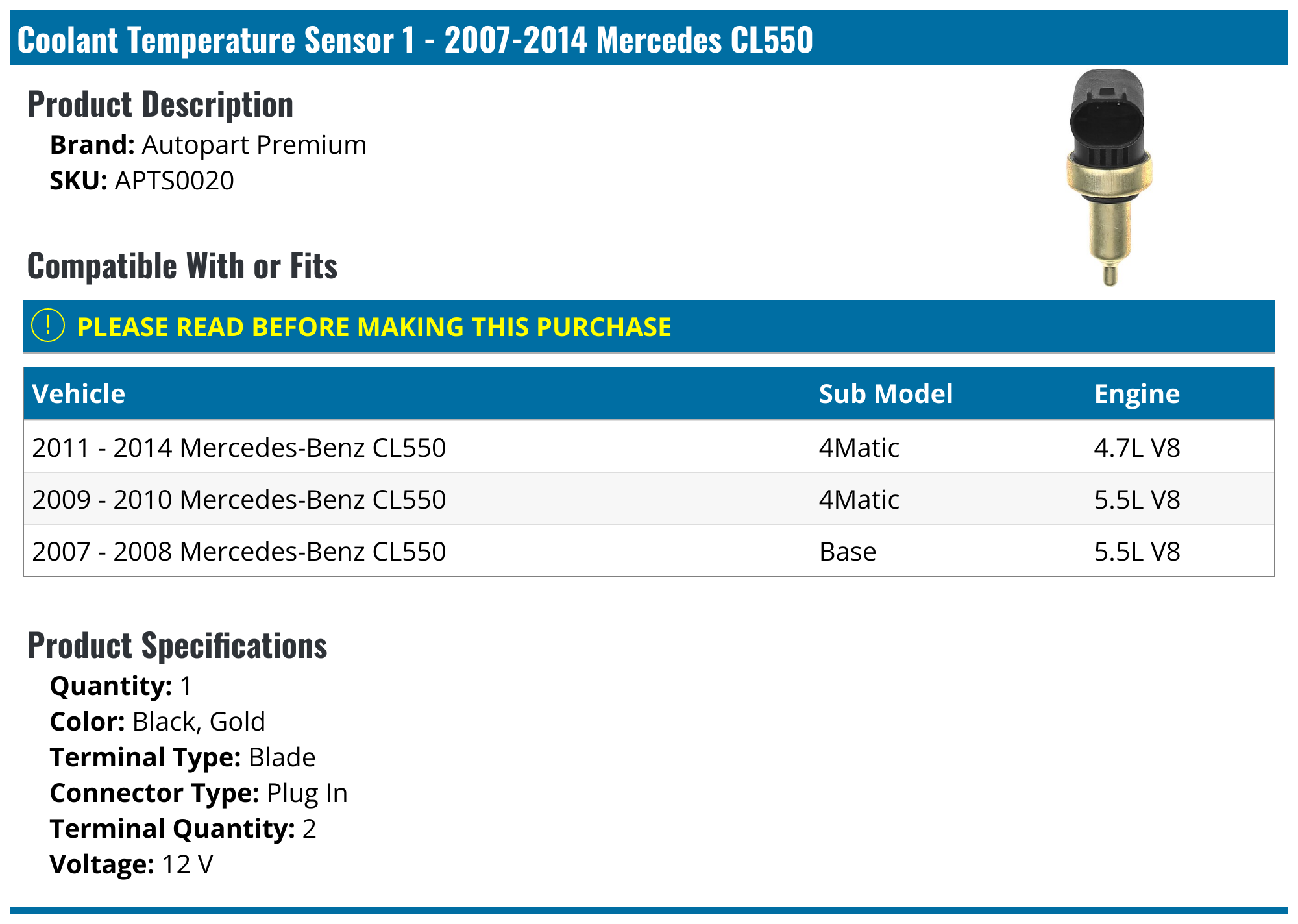 2007-2014 Mercedes CL550 Engine Coolant Temperature Sensor - Autopart ...