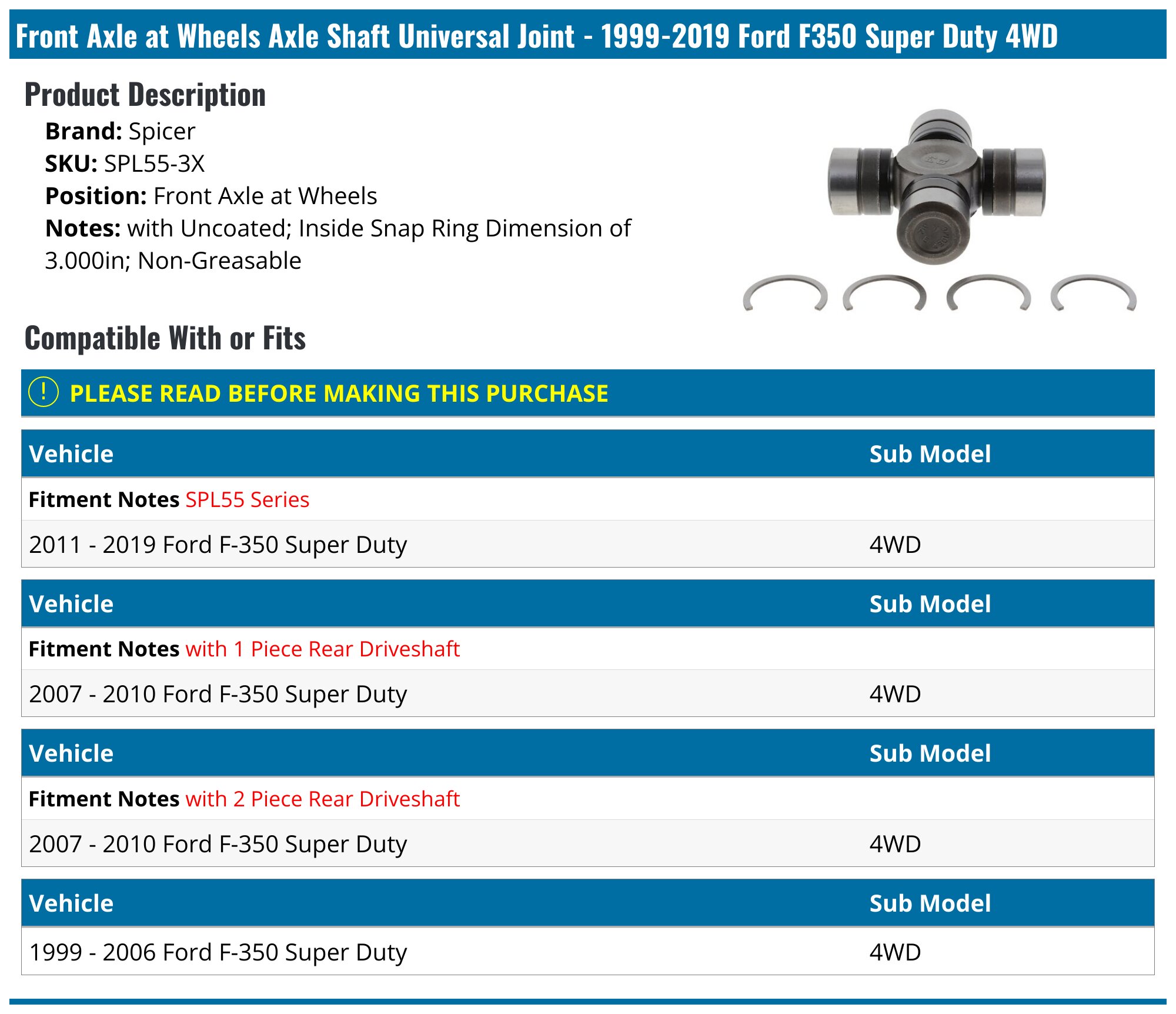 1999-2019 Ford F350 Super Duty Universal Joint - Spicer SPL55-3X ...