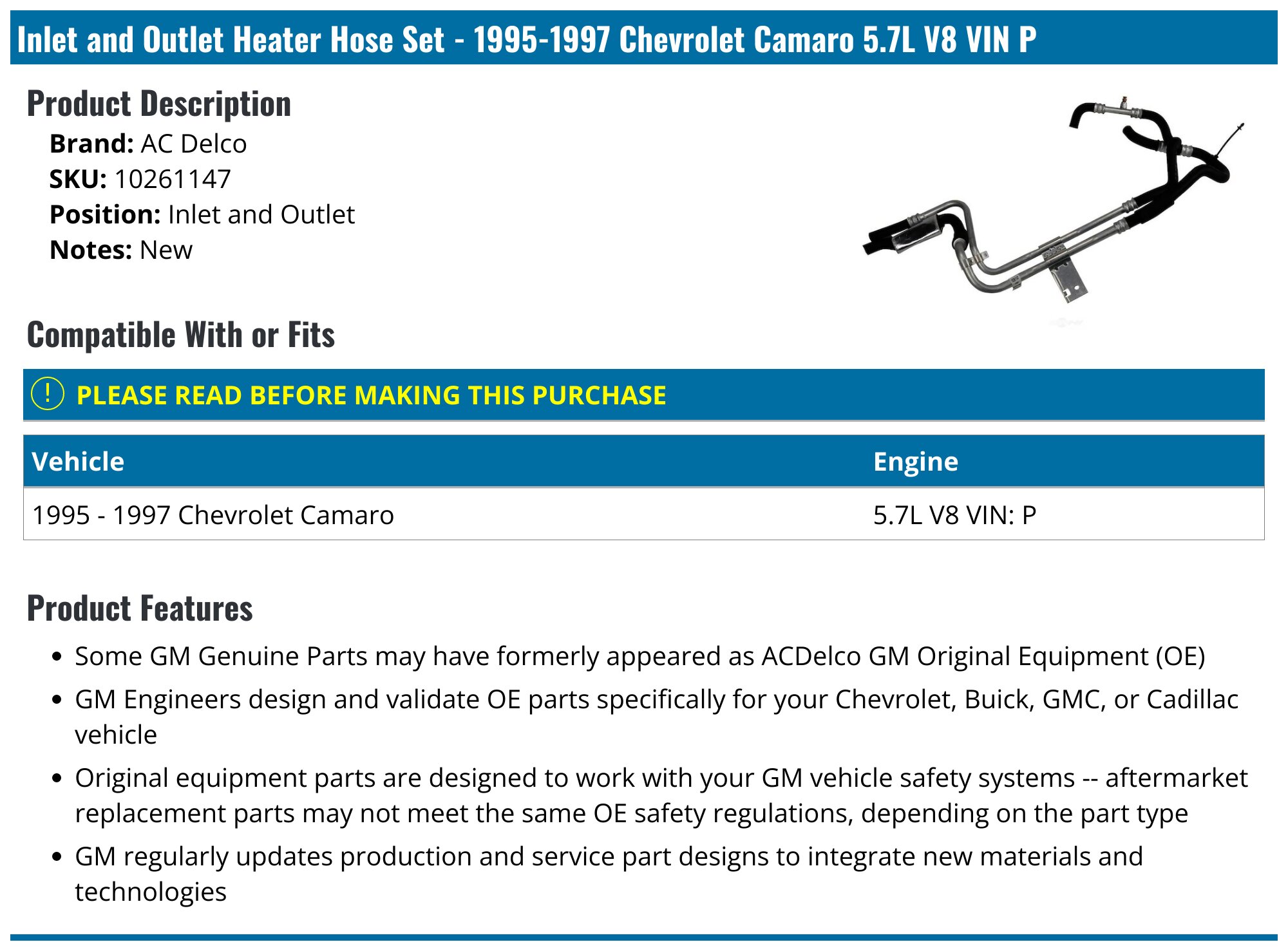 1995-1997 Chevrolet Camaro Heater Hose - AC Delco 10261147 - Inlet and ...