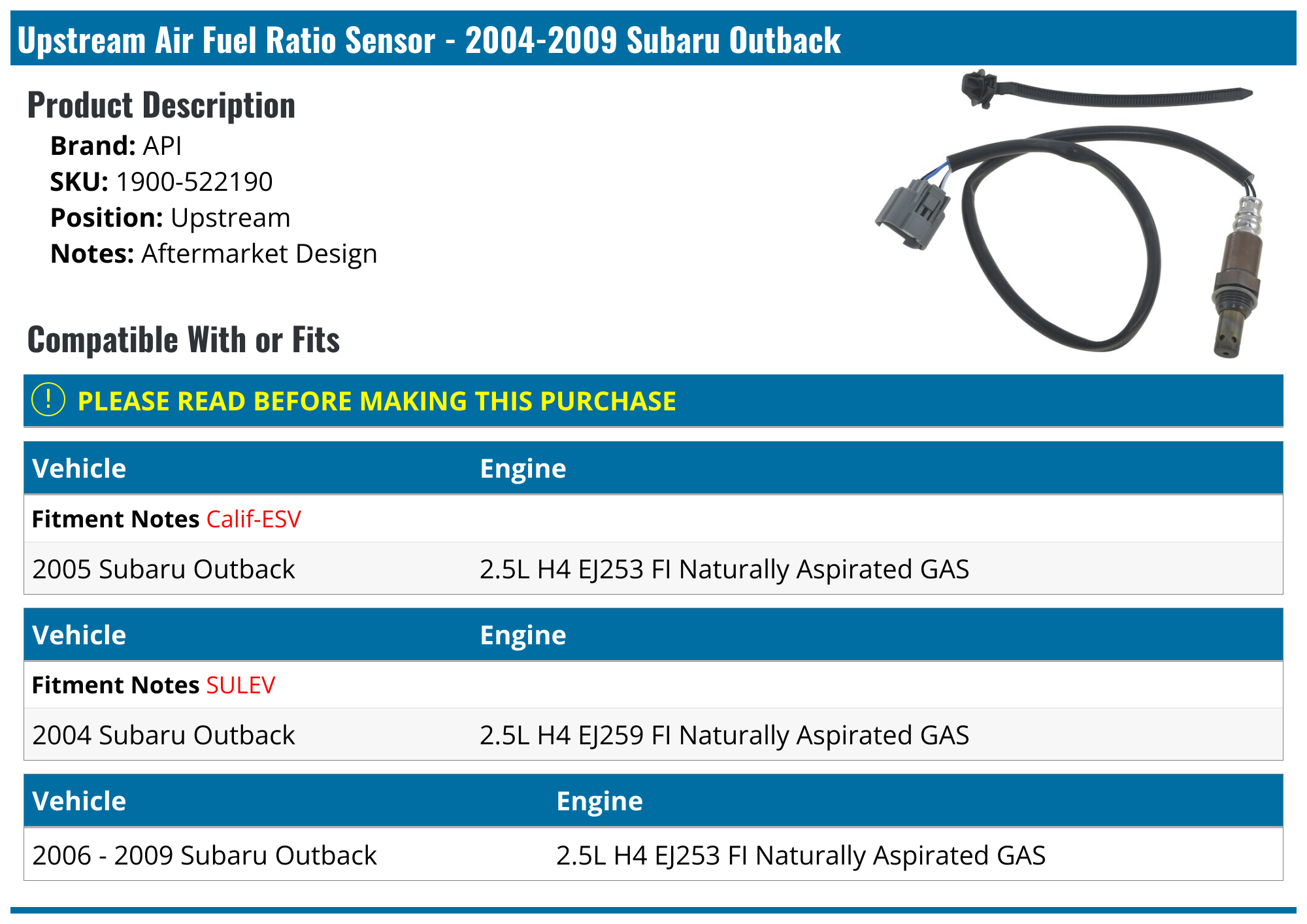 2004-2009 Subaru Outback Oxygen Sensor - API 18023-07163769 - Upstream ...