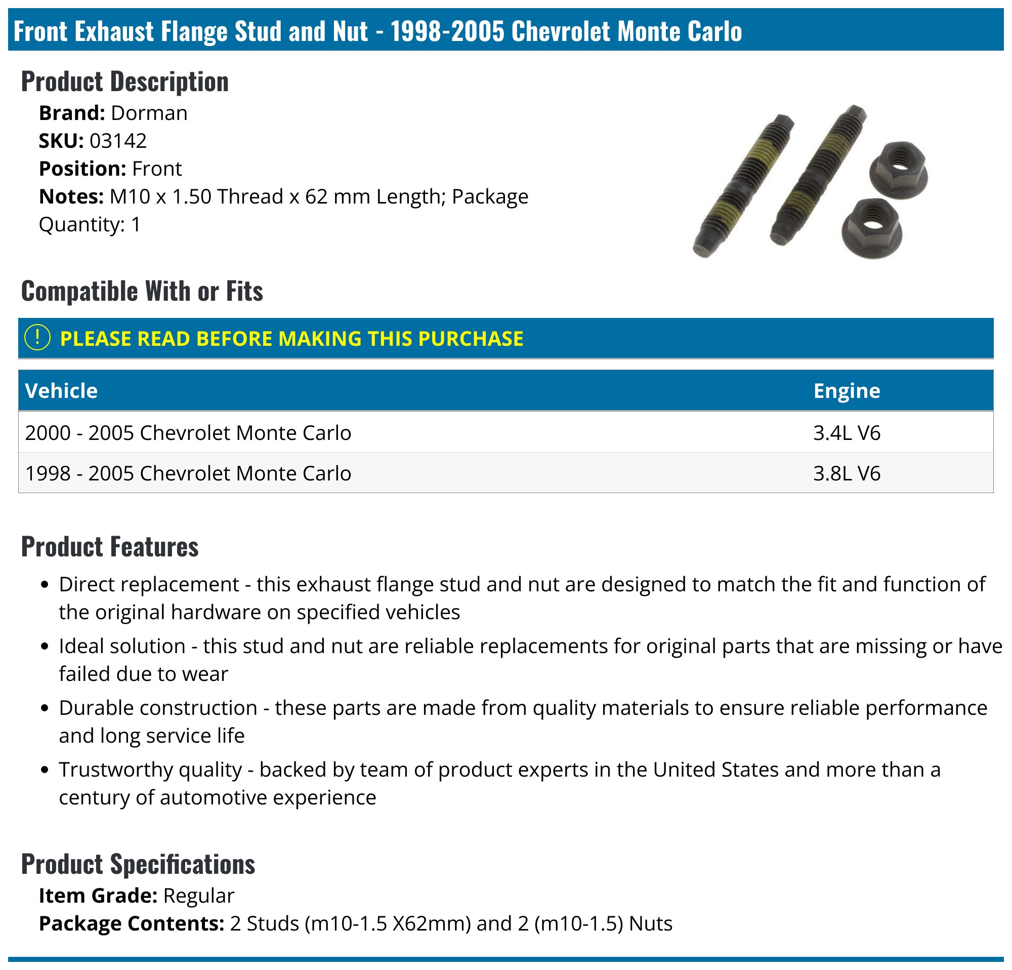 1998-2005 Chevrolet Monte Carlo Exhaust Flange Stud and Nut - Dorman ...