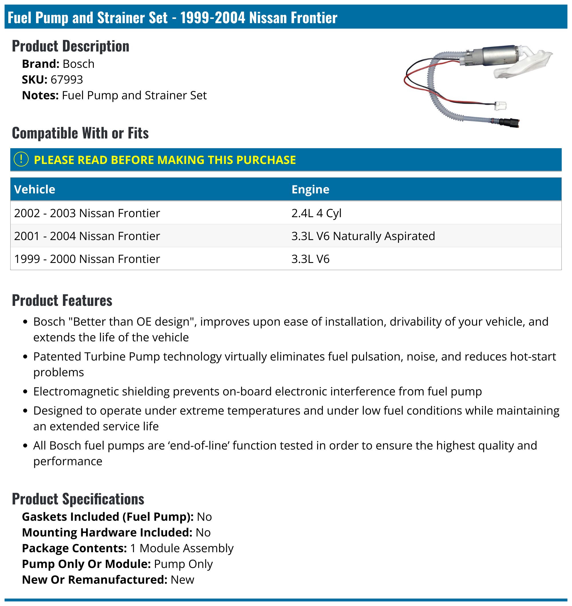 1999-2004 Nissan Frontier Fuel Pump - Bosch 67993 - PartsGeek.com