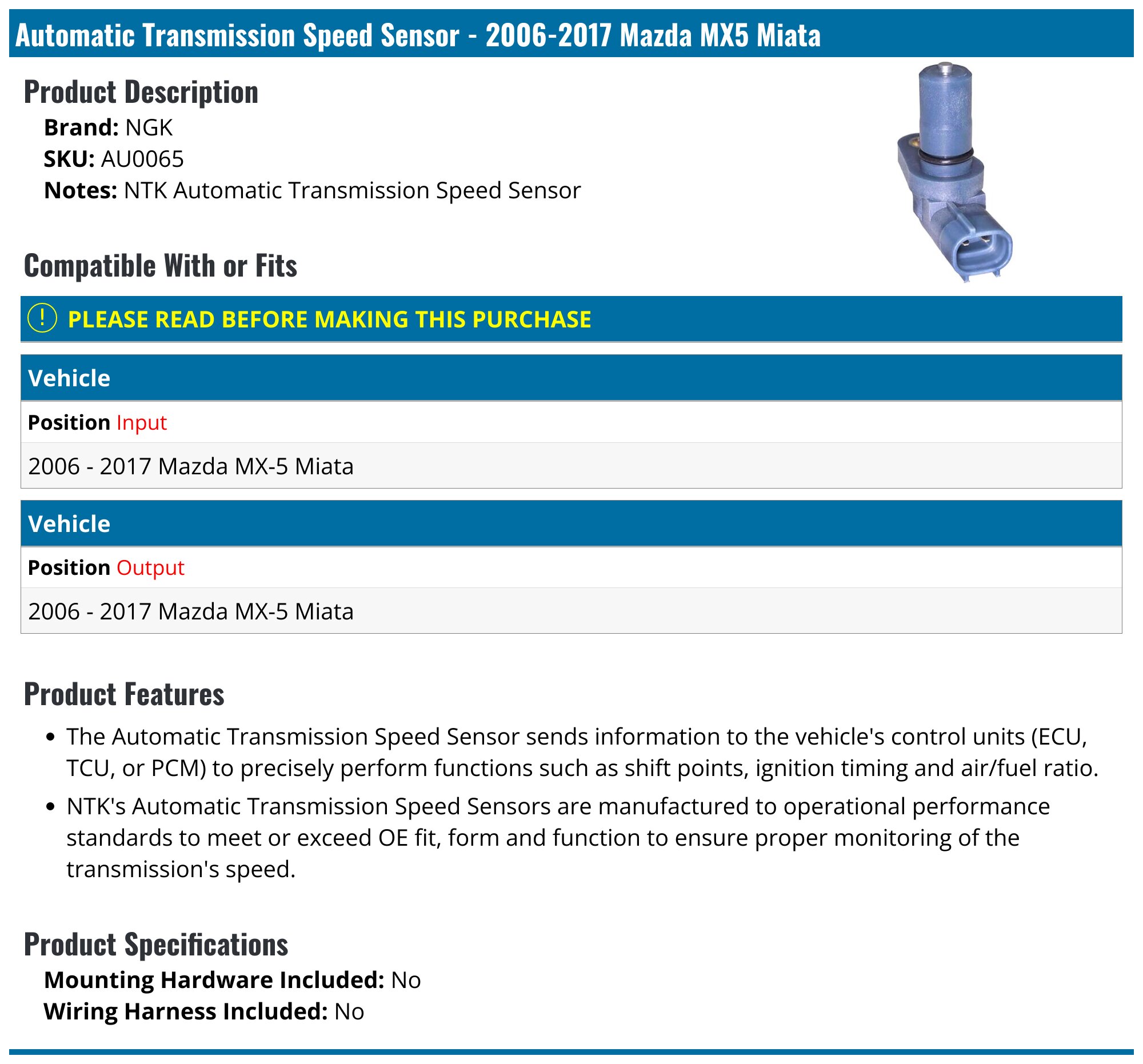 2006-2017 Mazda MX5 Miata Automatic Transmission Speed Sensor - NGK ...