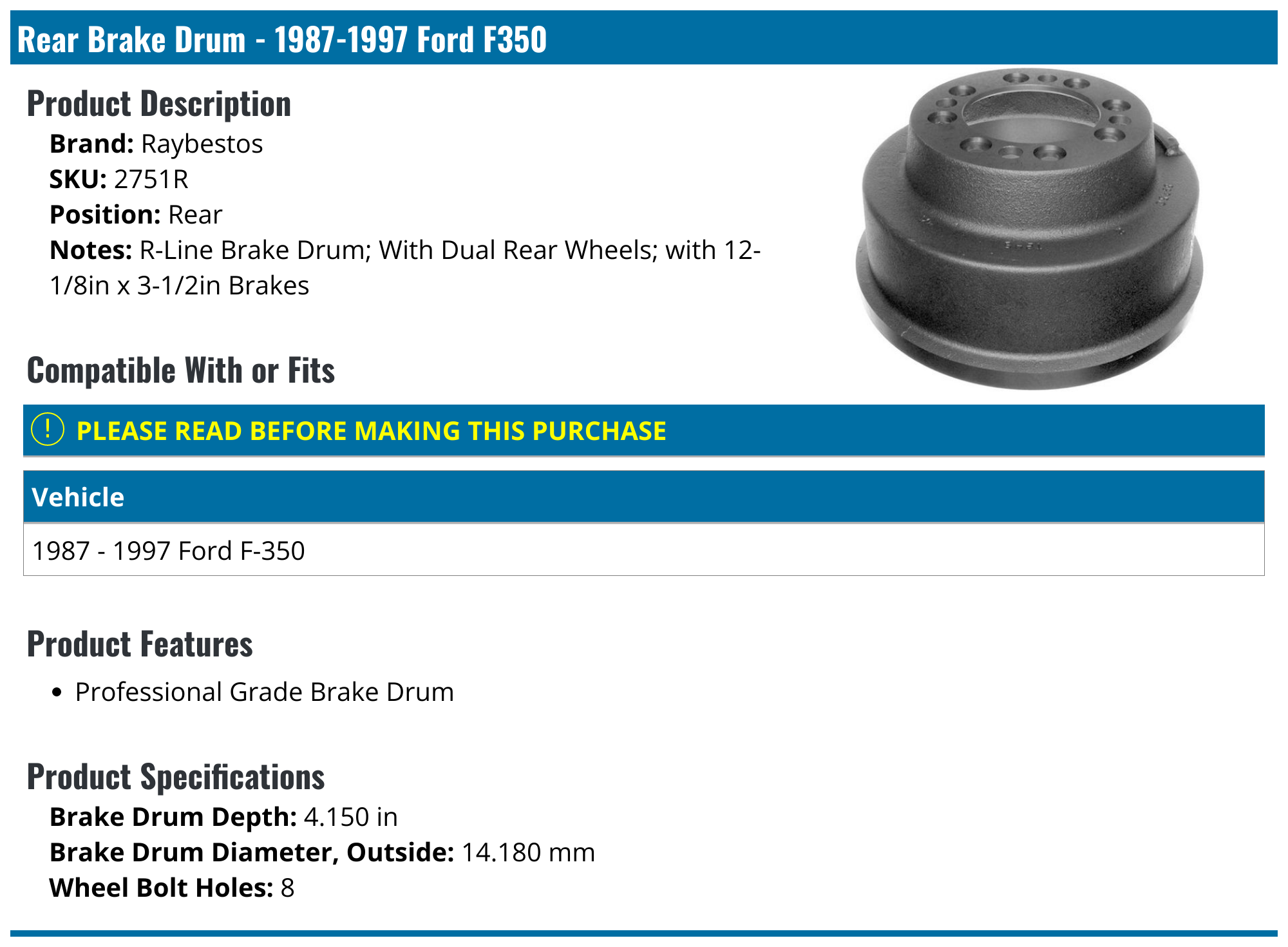 1987-1997 Ford F350 Brake Drum - Raybestos 2751R - Rear - PartsGeek.com