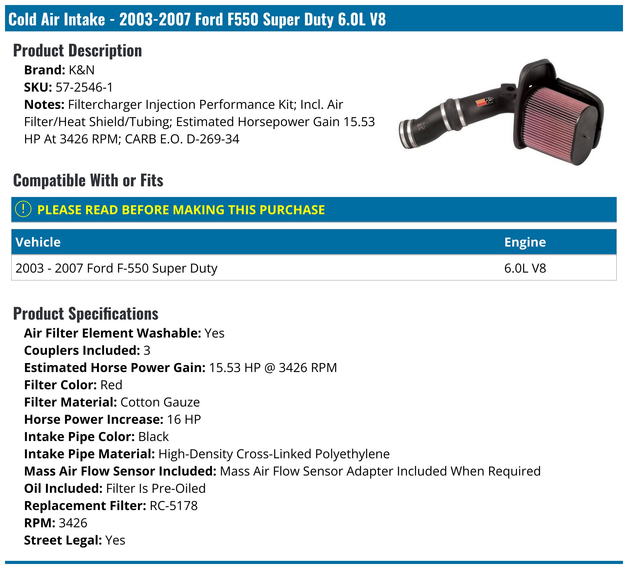 2003-2007 Ford F550 Super Duty Cold Air Intake - K&N 57-2546-1 ...