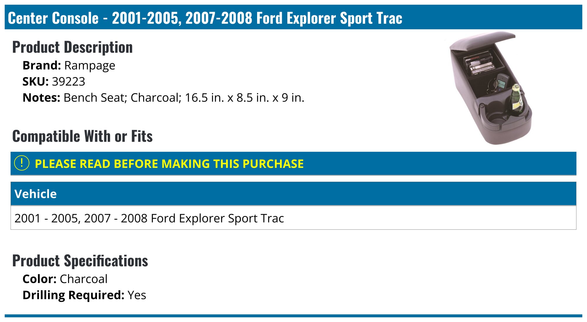 2001-2005, 2007-2008 Ford Explorer Sport Trac Center Console - Rampage ...