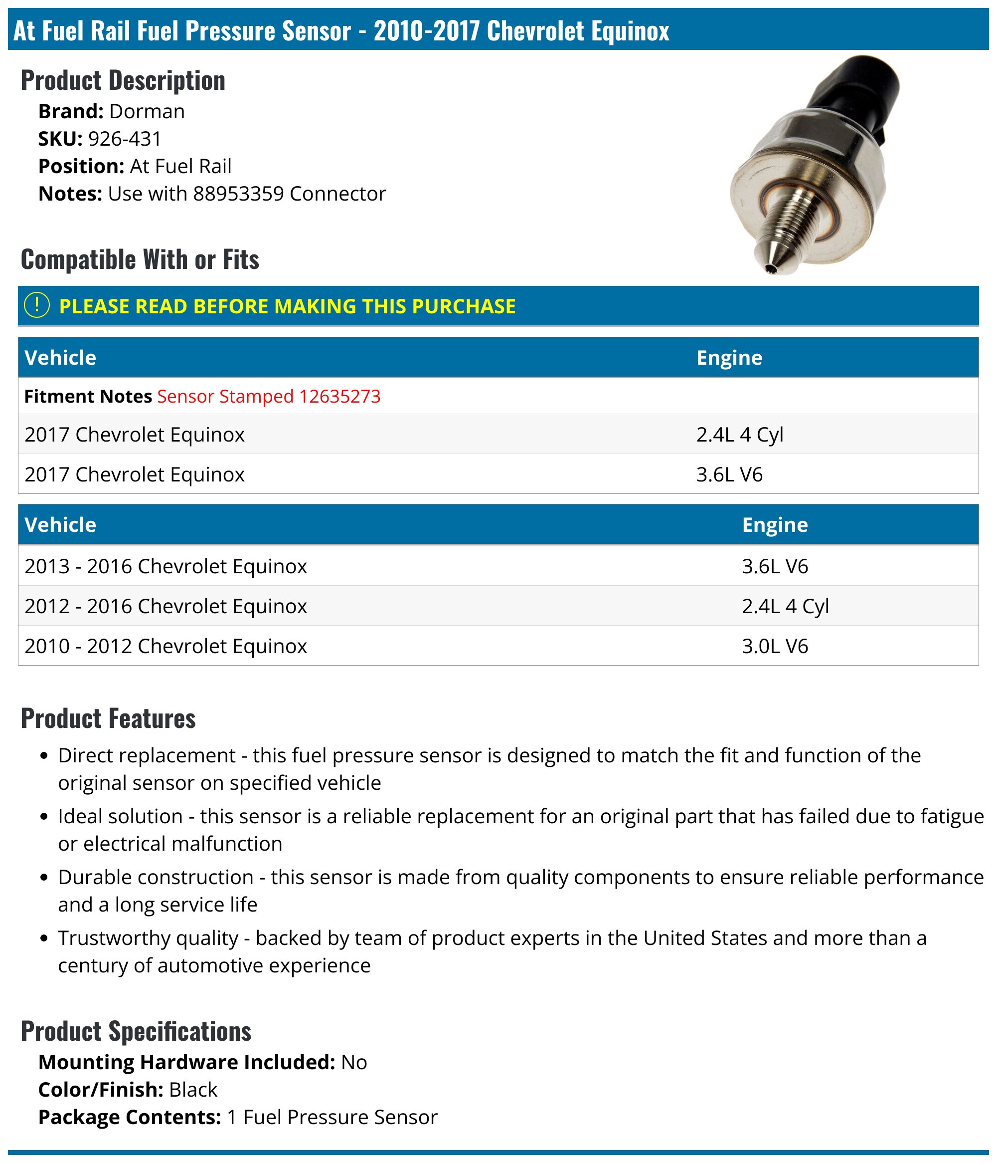 2010-2017 Chevrolet Equinox Fuel Pressure Sensor - Dorman 926-431 - At ...