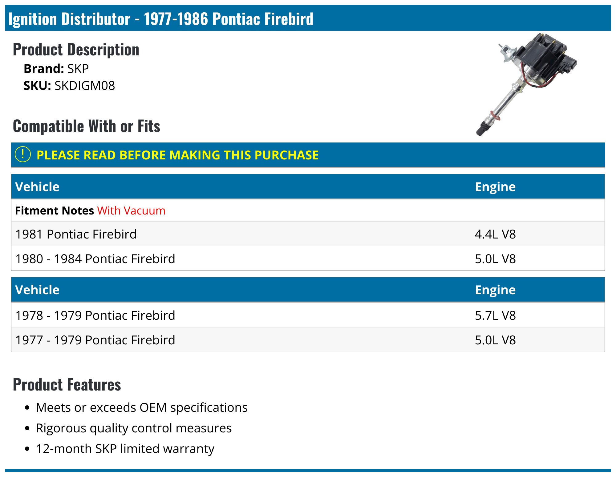 1977-1986 Pontiac Firebird Ignition Distributor - SKP SKDIGM08 ...