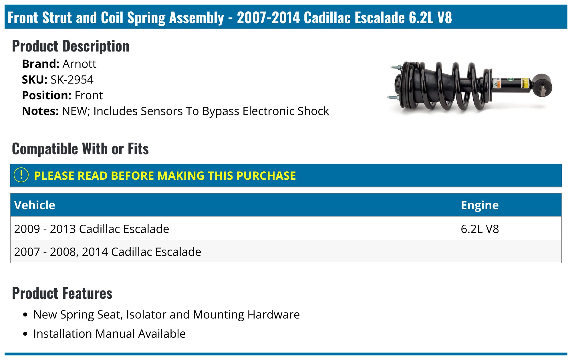 2007-2014 Cadillac Escalade Strut Assembly - Arnott SK-2954 - Front ...