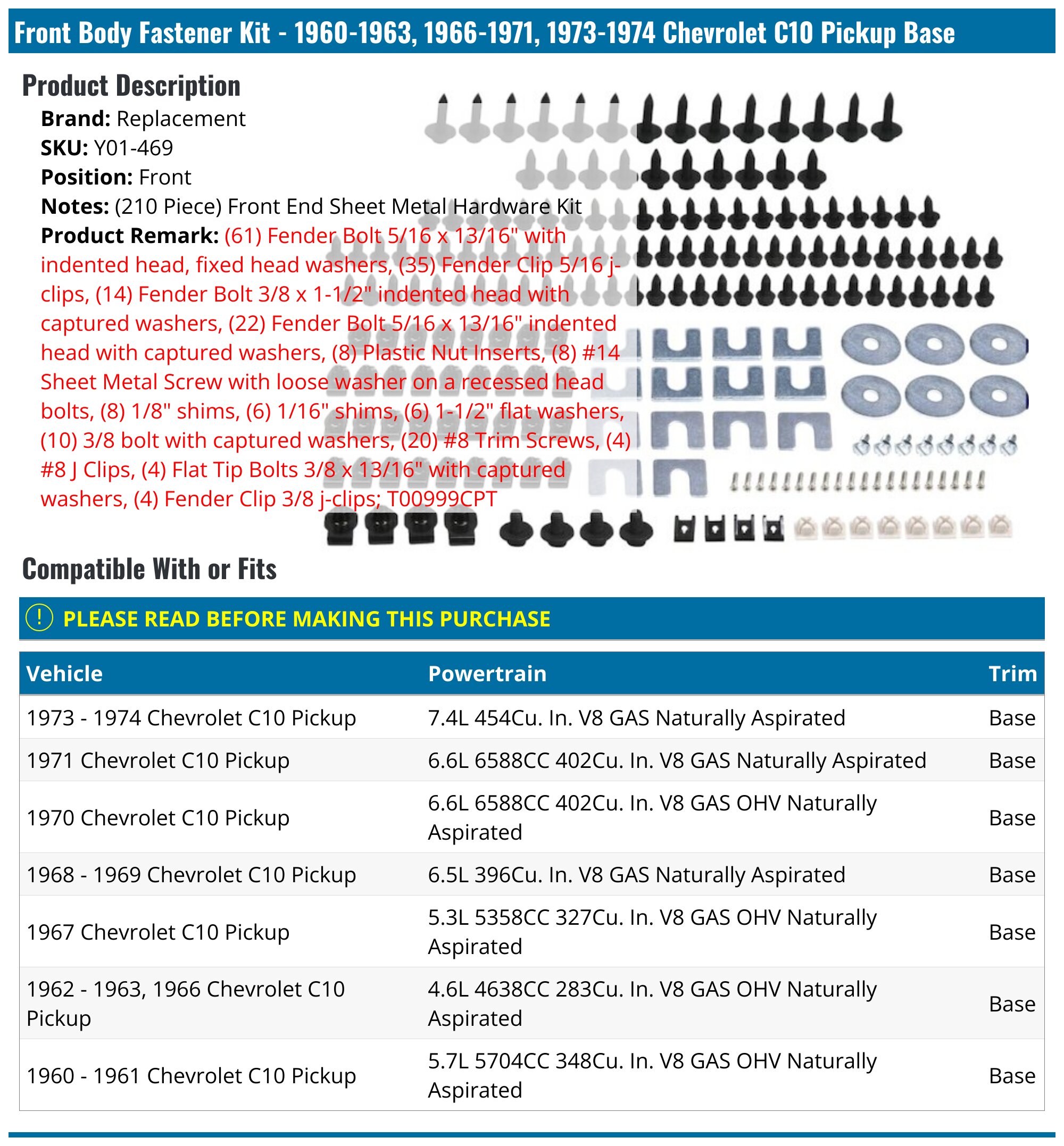 1960-1963, 1966-1971, 1973-1974 Chevrolet C10 Pickup Body Fastener Kit ...