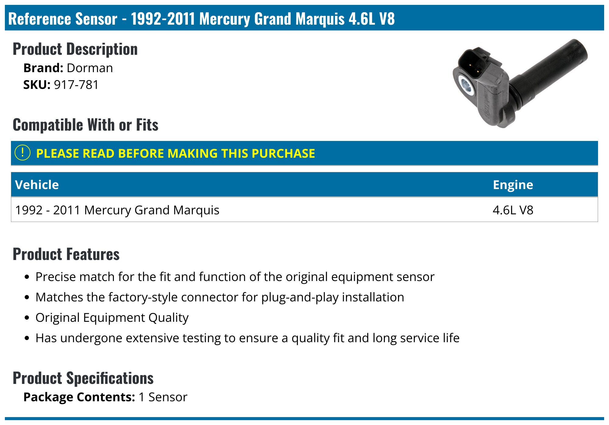 1992-2011 Mercury Grand Marquis Crank Position Sensor - Dorman 917-781 ...