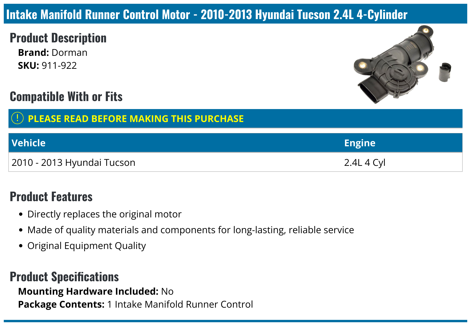2010-2013 Hyundai Tucson Intake Manifold Actuator - Dorman 911-922 ...