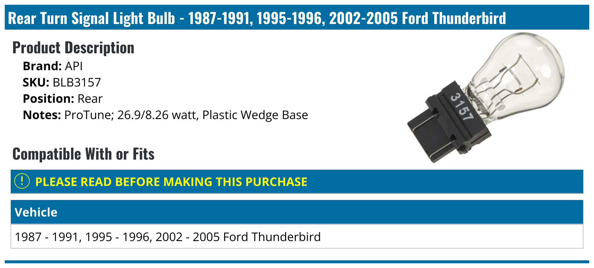 1987-1991, 1995-1996, 2002-2005 Ford Thunderbird Turn Signal Light Bulb ...