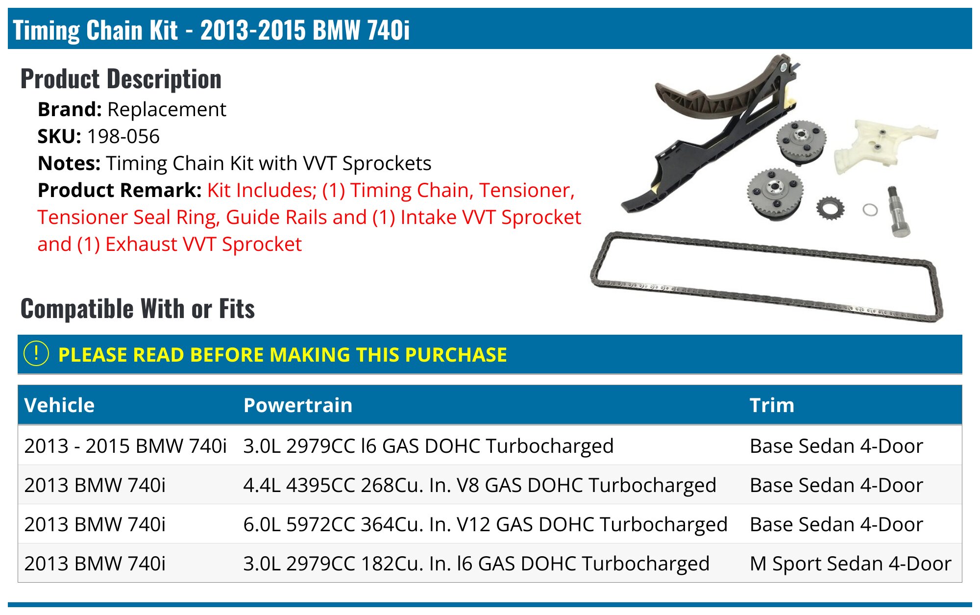 2013-2015 BMW 740i Timing Chain - Replacement 198-056 - PartsGeek.com