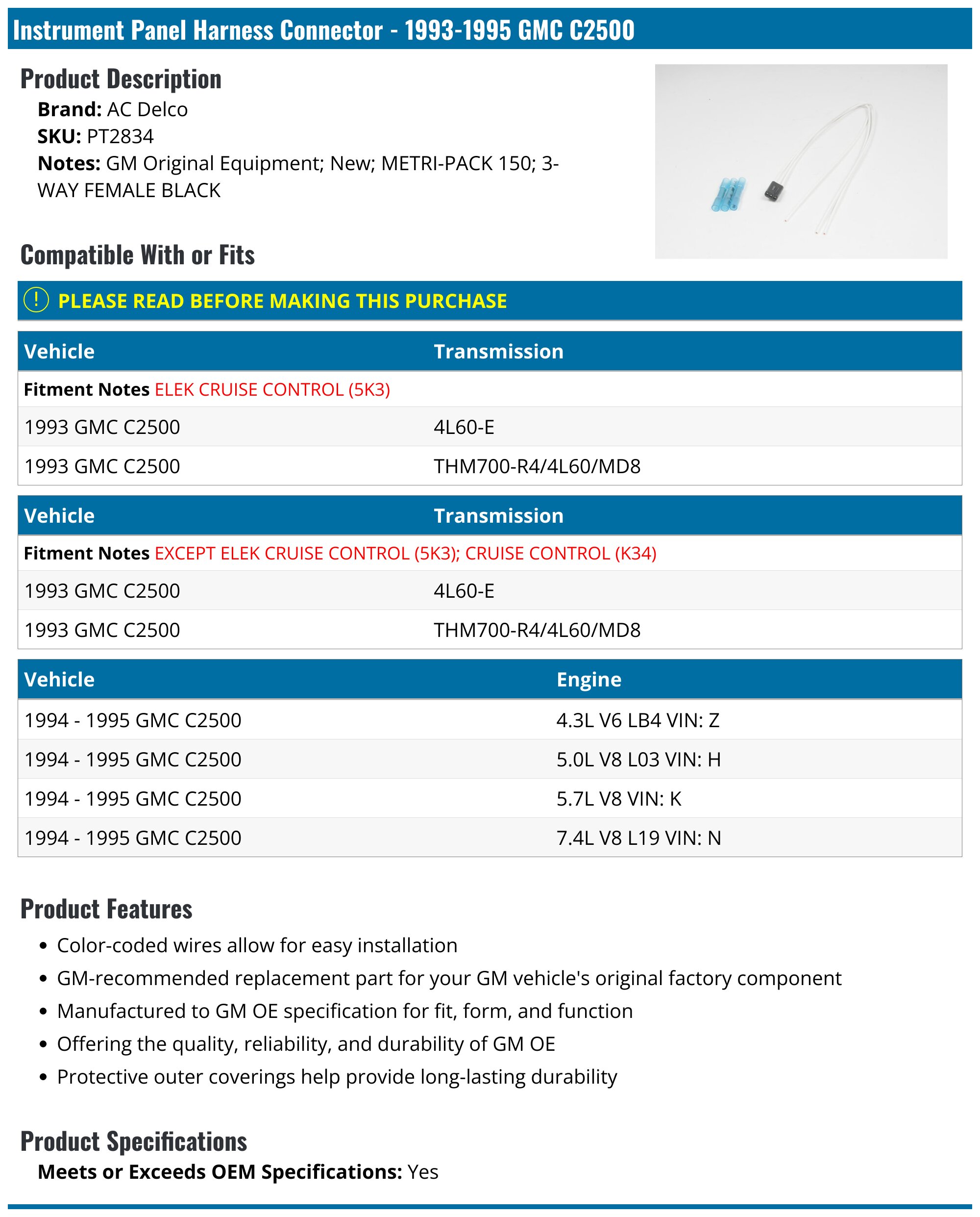 1993-1995 GMC C2500 Instrument Panel Harness Connector - AC Delco ...