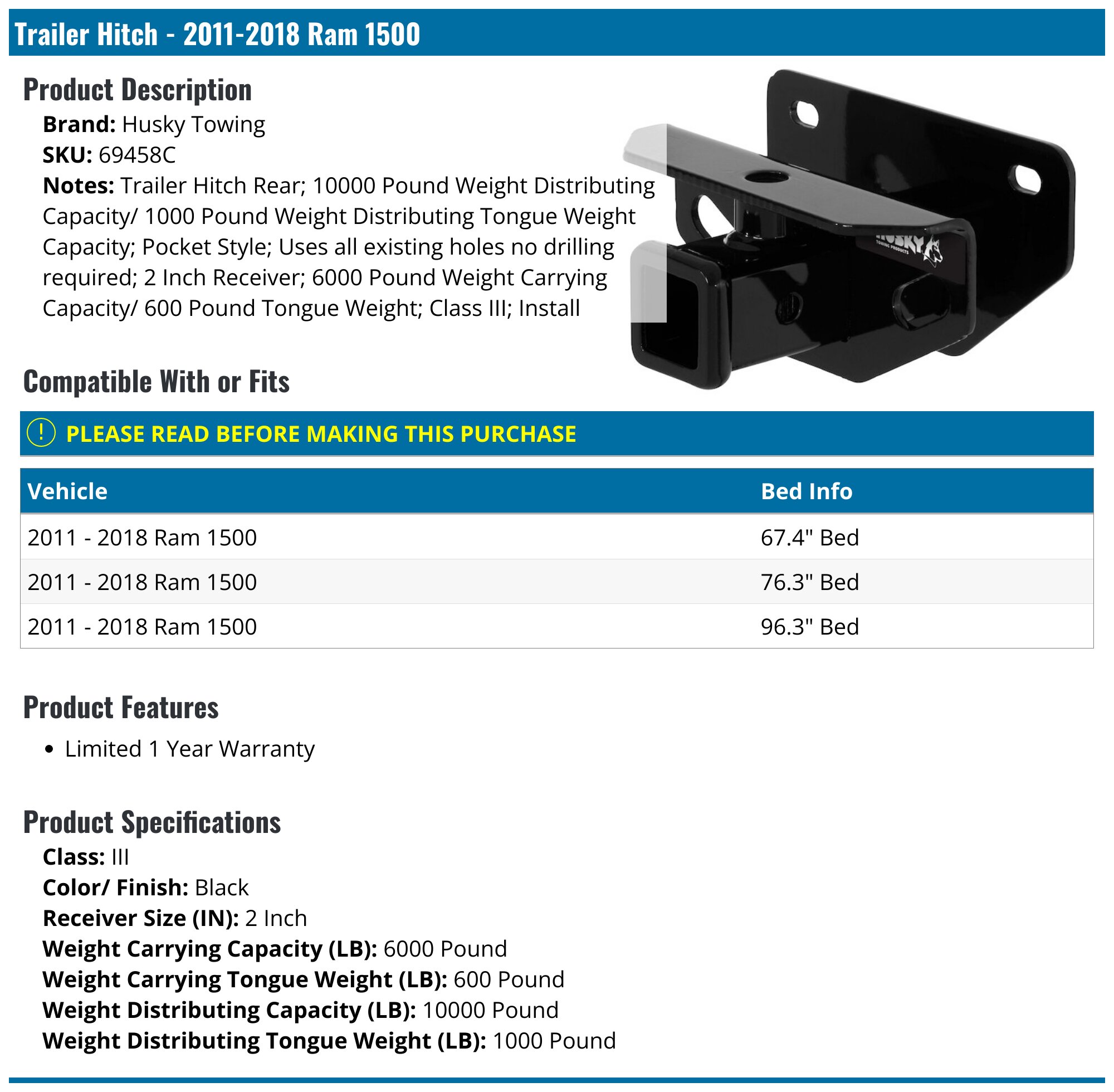 2011, 2014-2015, 2017-2018 Ram 1500 Trailer Hitch - Husky Towing 69458C ...