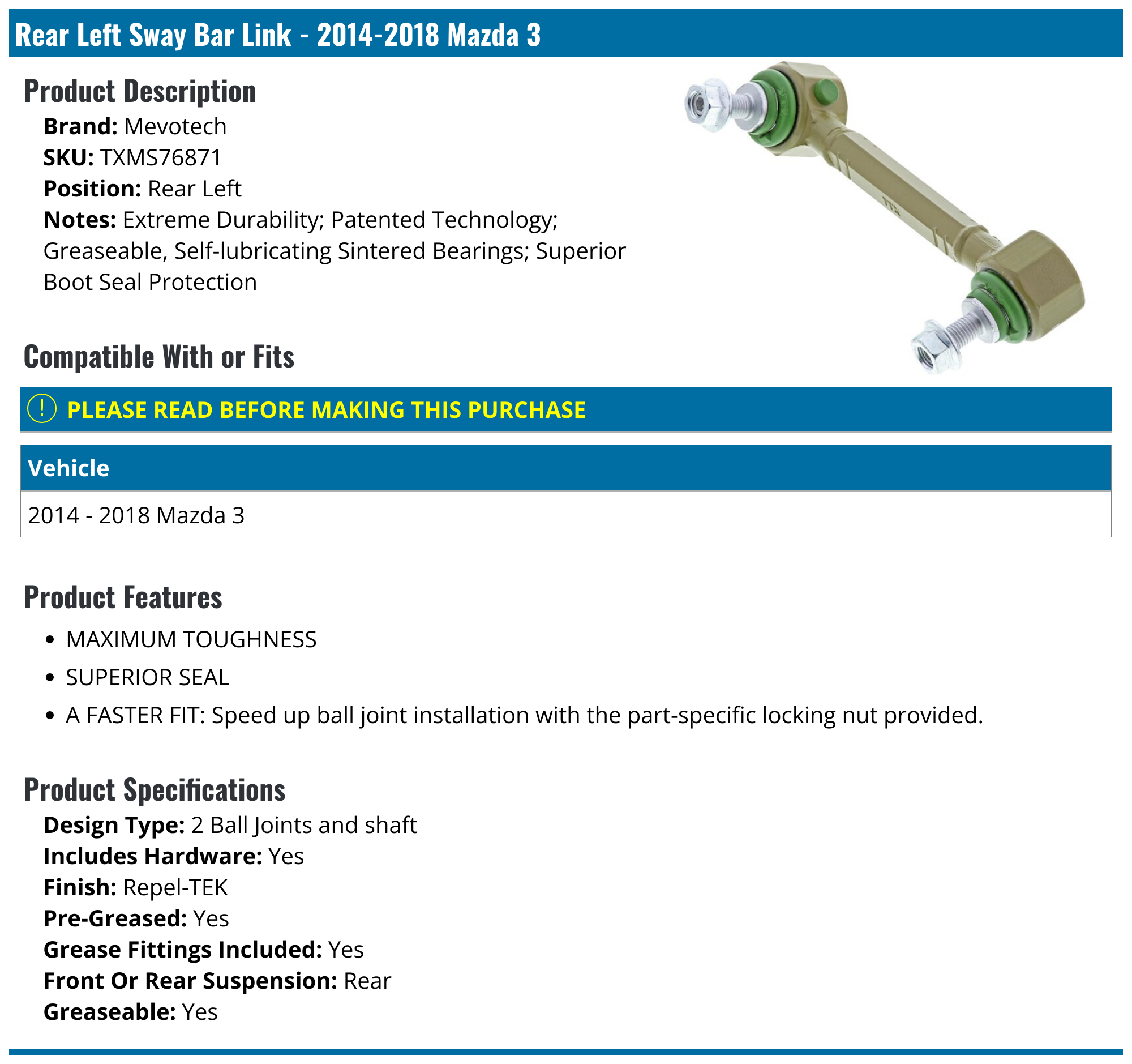 2014-2018 Mazda 3 Sway Bar Link - Mevotech TXMS76871 - Rear Left ...