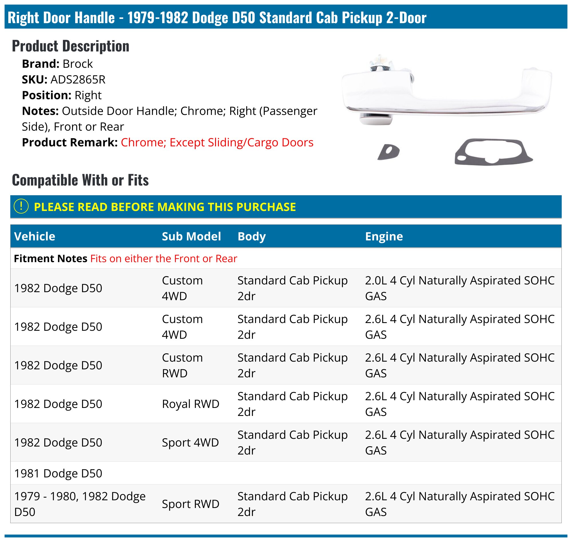 1979-1982 Dodge D50 Door Handle - Brock ADS2865R - Right - PartsGeek.com
