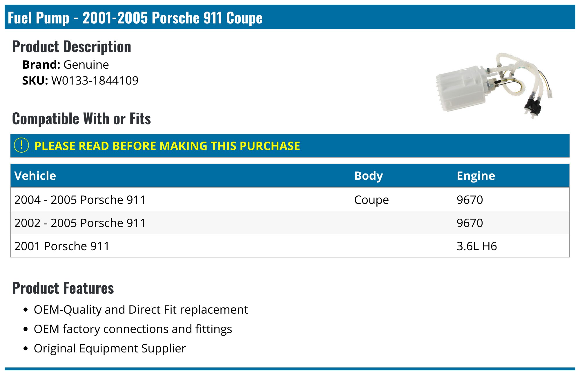 2001-2005 Porsche 911 Fuel Pump - Genuine W0133-1844109 - - PartsGeek.com