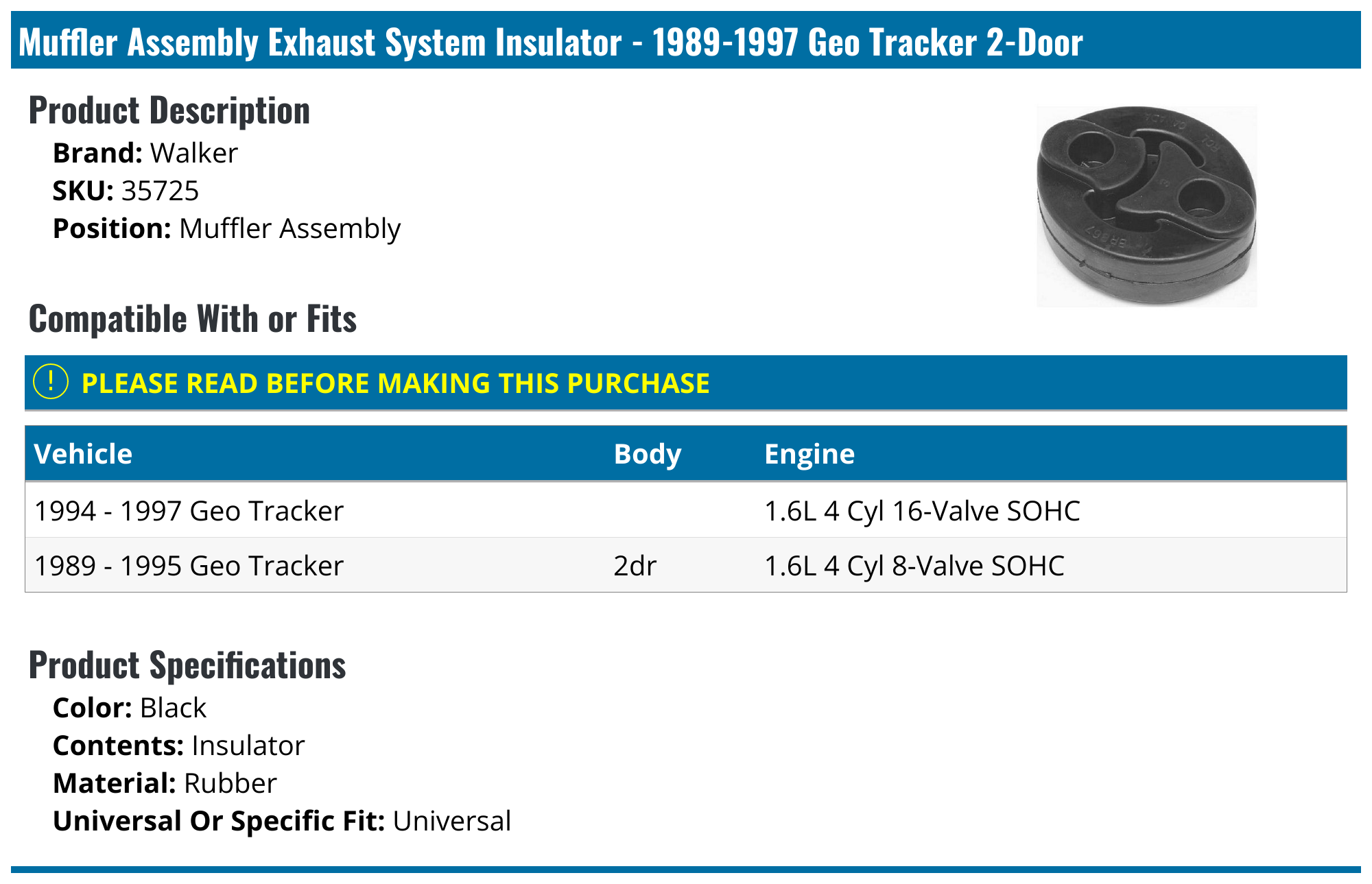 1989-1997 Geo Tracker Exhaust System Insulator - Walker 35725 - Muffler ...