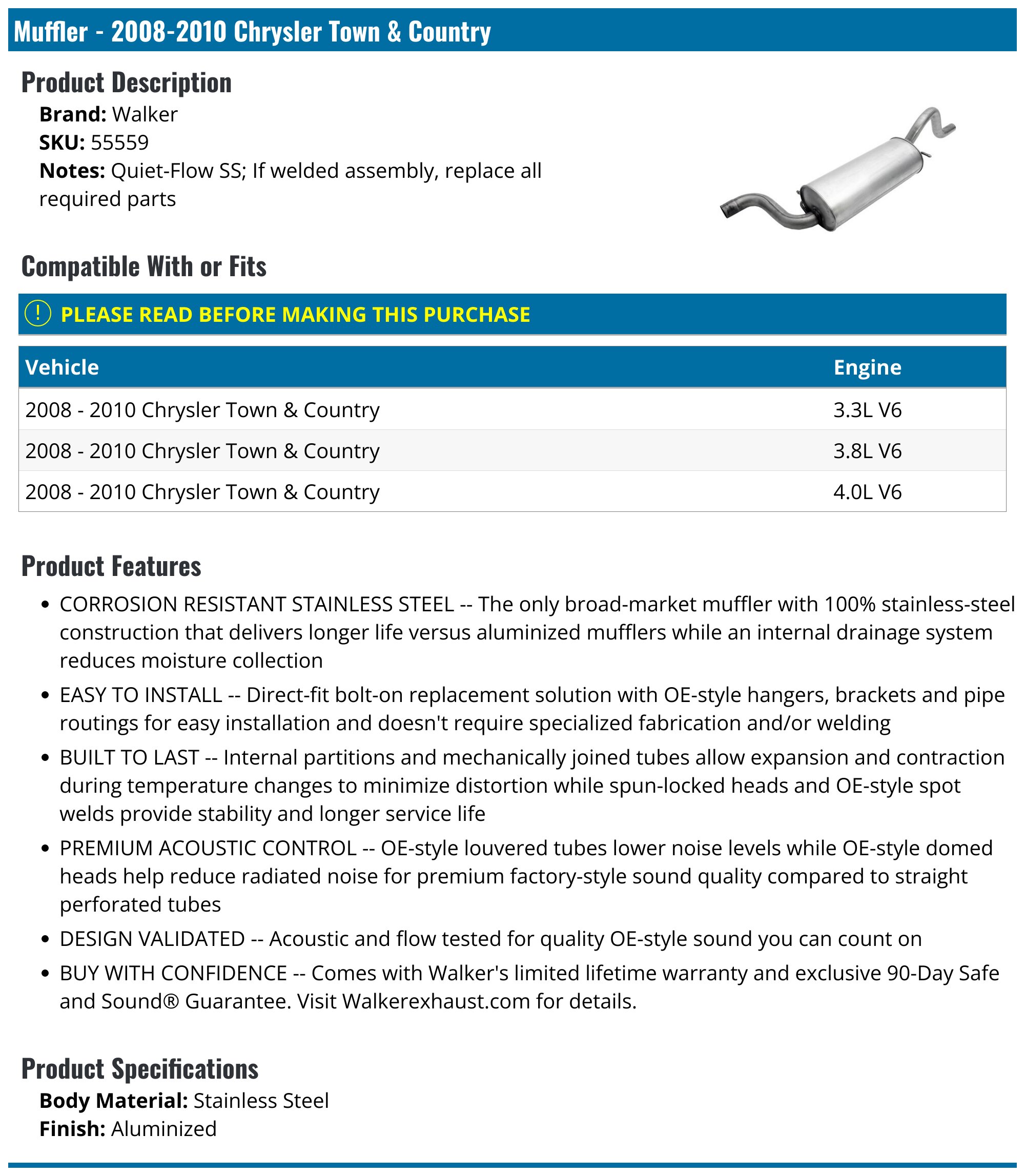 2008-2010 Chrysler Town & Country Muffler - Walker 55559 - PartsGeek.com