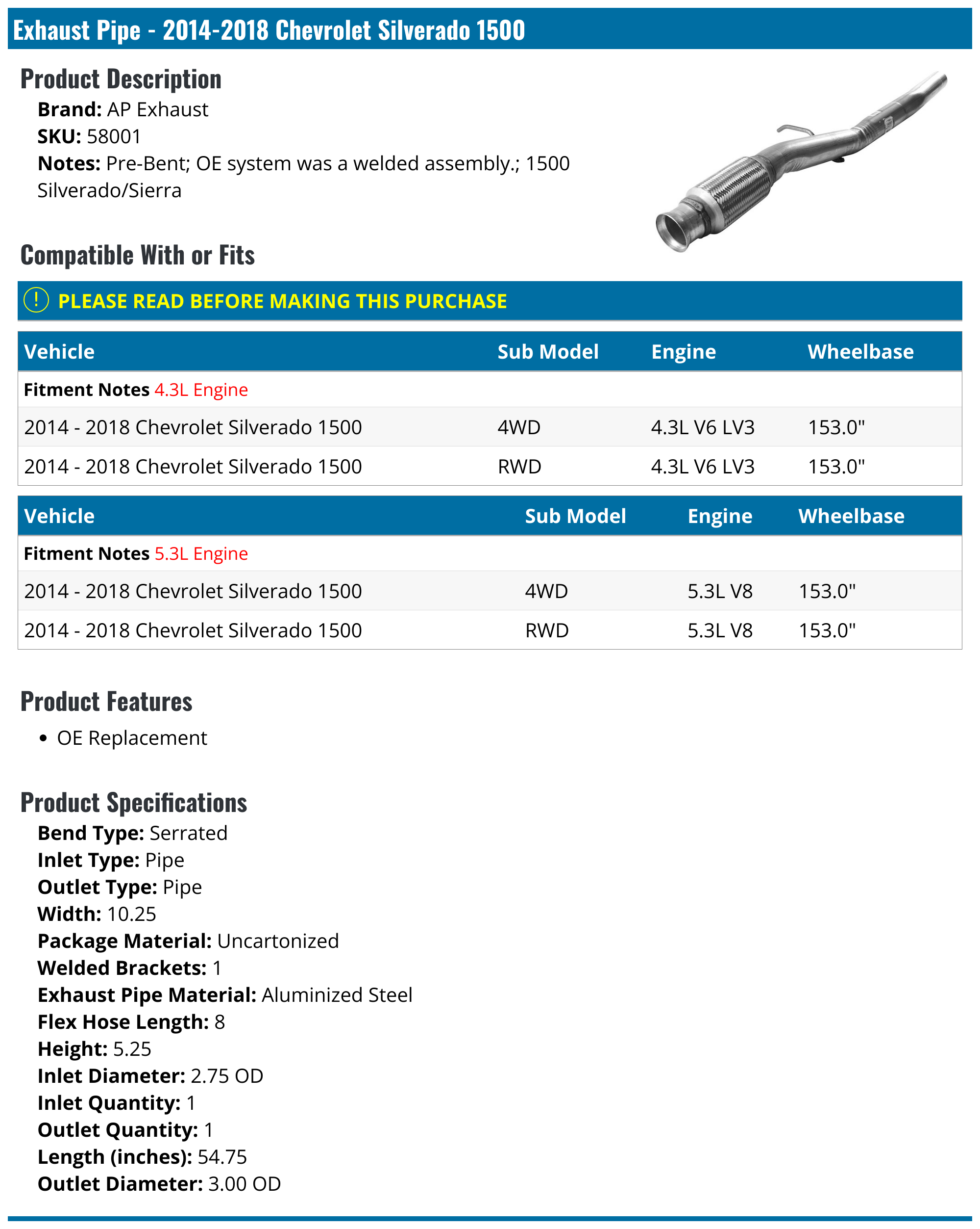 2014-2018 Chevrolet Silverado 1500 Exhaust Pipe - AP Exhaust 58001 ...