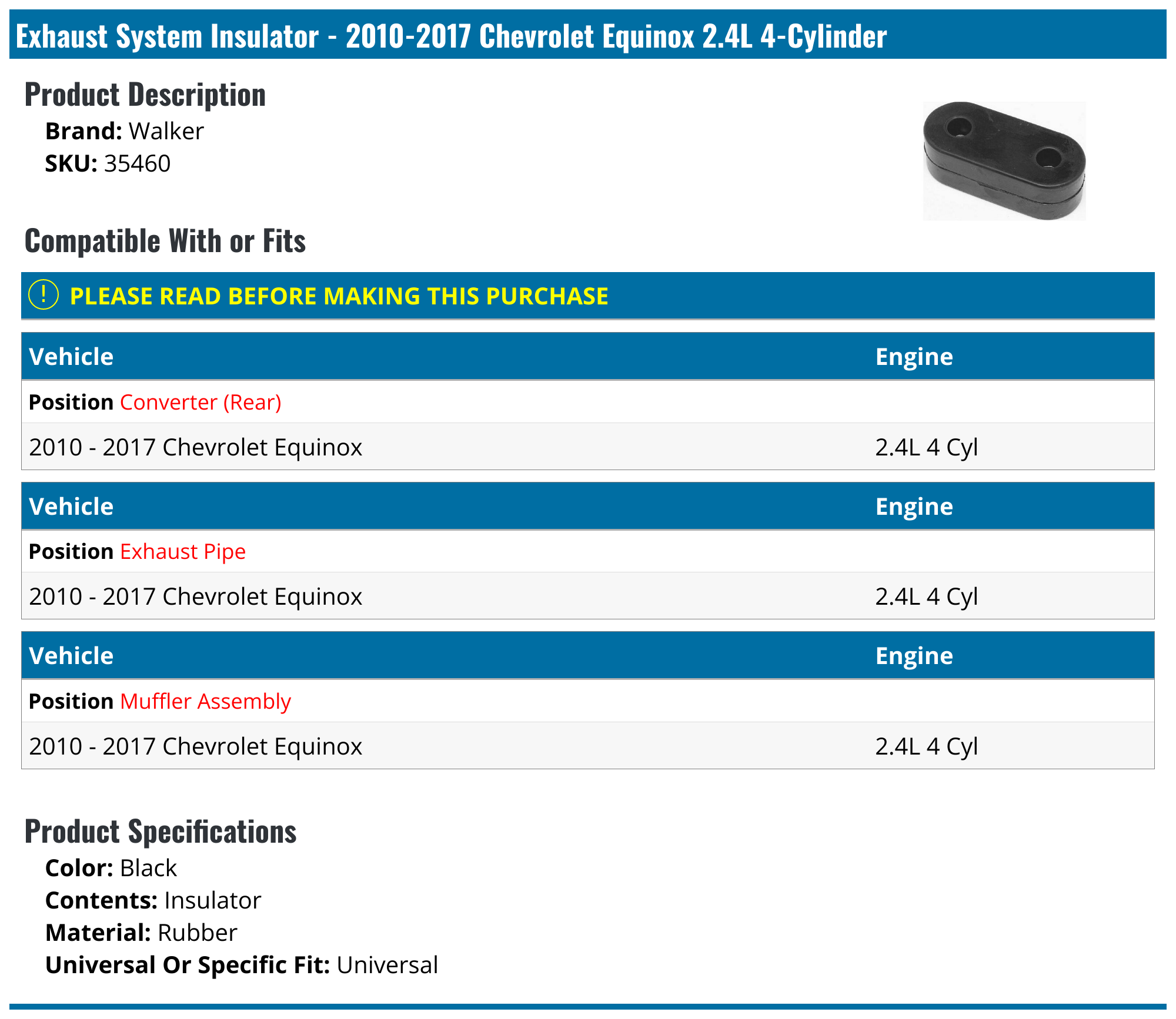2010-2017 Chevrolet Equinox Exhaust System Insulator - Walker 35460 ...