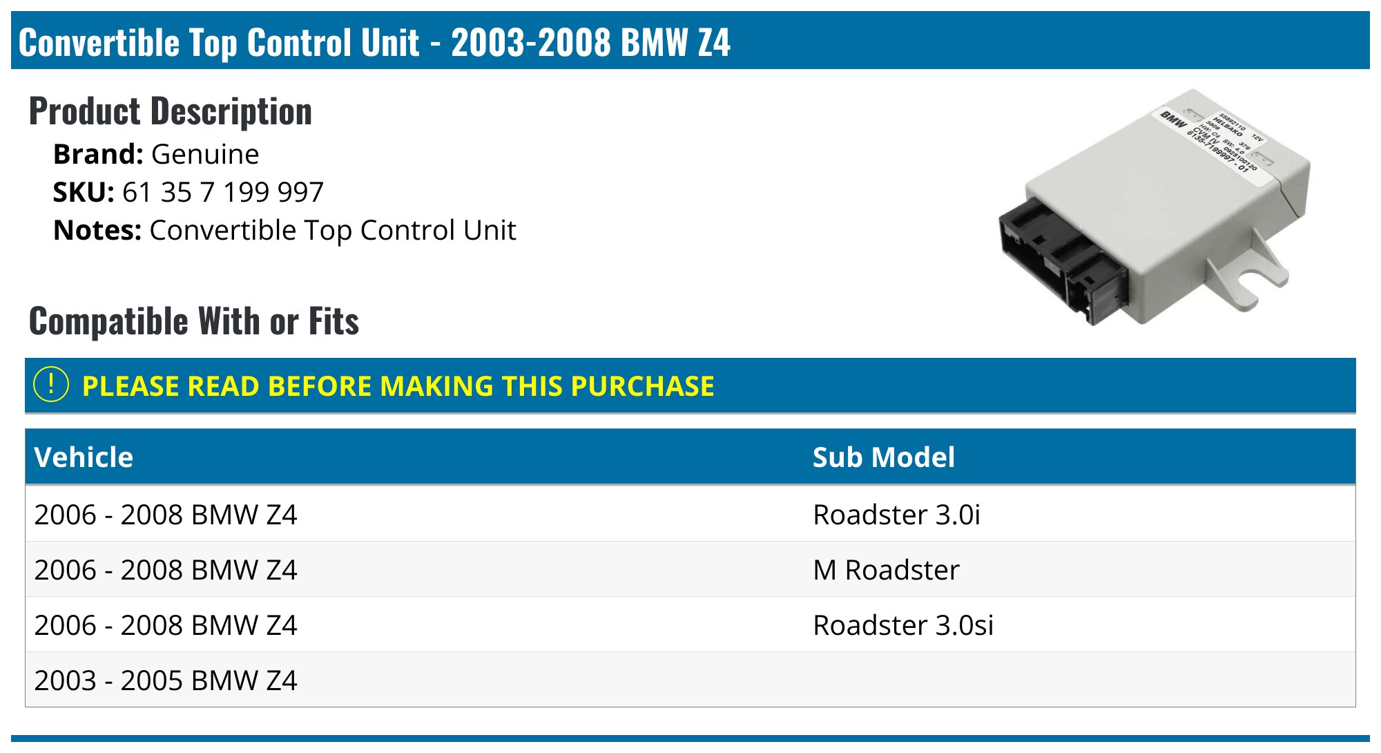 2003-2008 BMW Z4 Convertible Top Control Unit - Genuine 61 35 7 199 997 ...