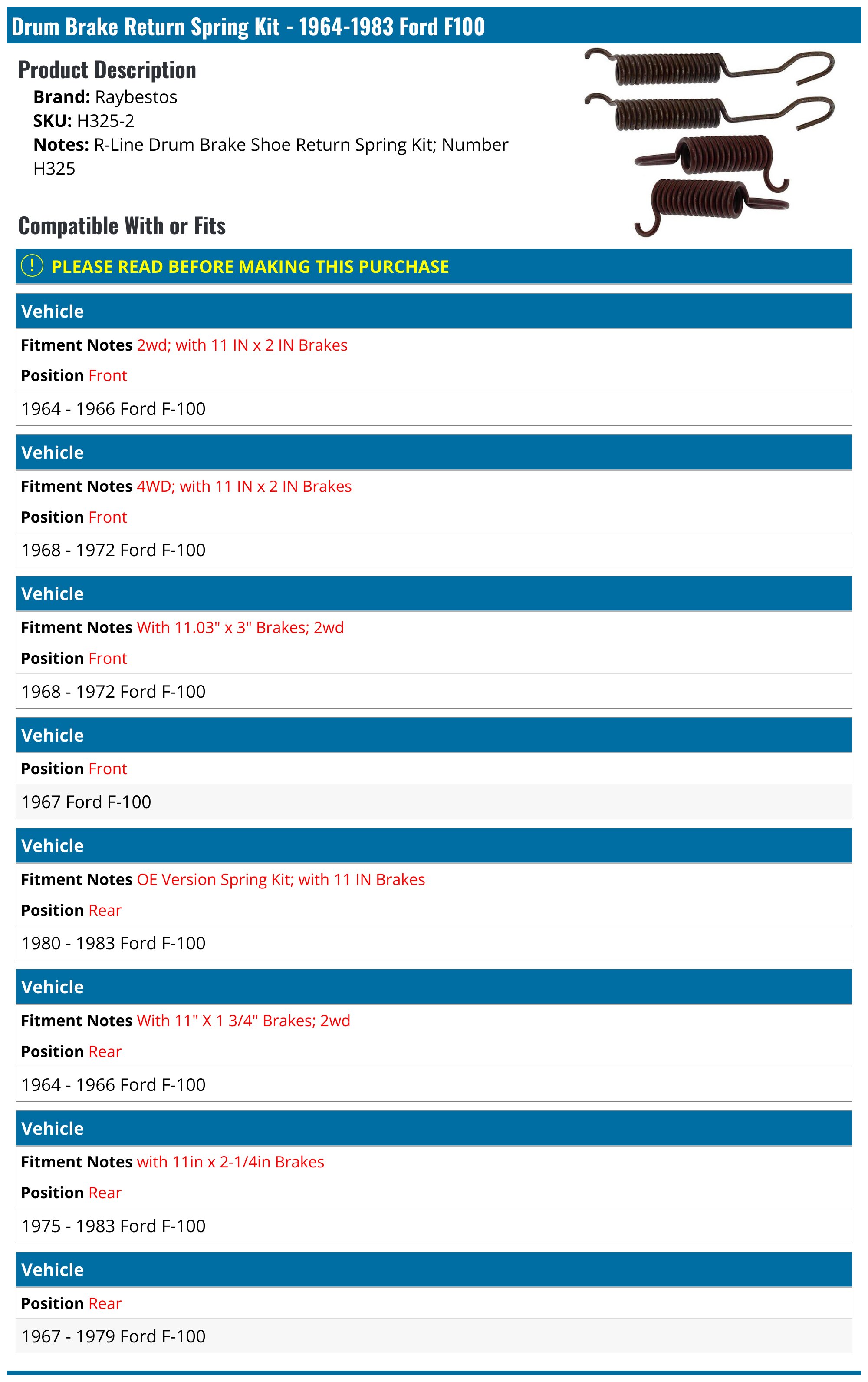 1964-1983 Ford F100 Drum Brake Return Spring Kit - Raybestos H325-2 ...