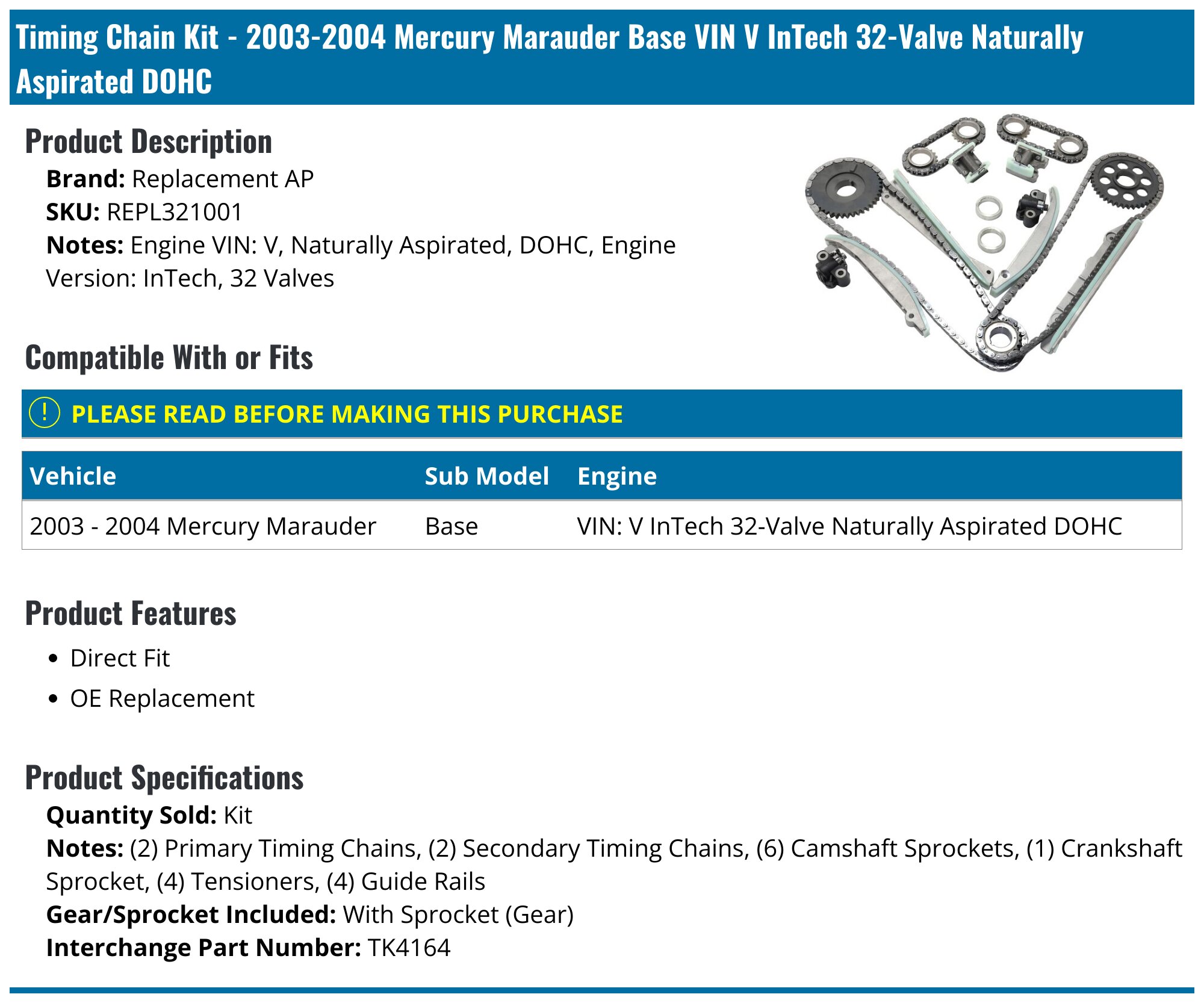 2003-2004 Mercury Marauder Timing Chain - Replacement AP REPL321001 ...