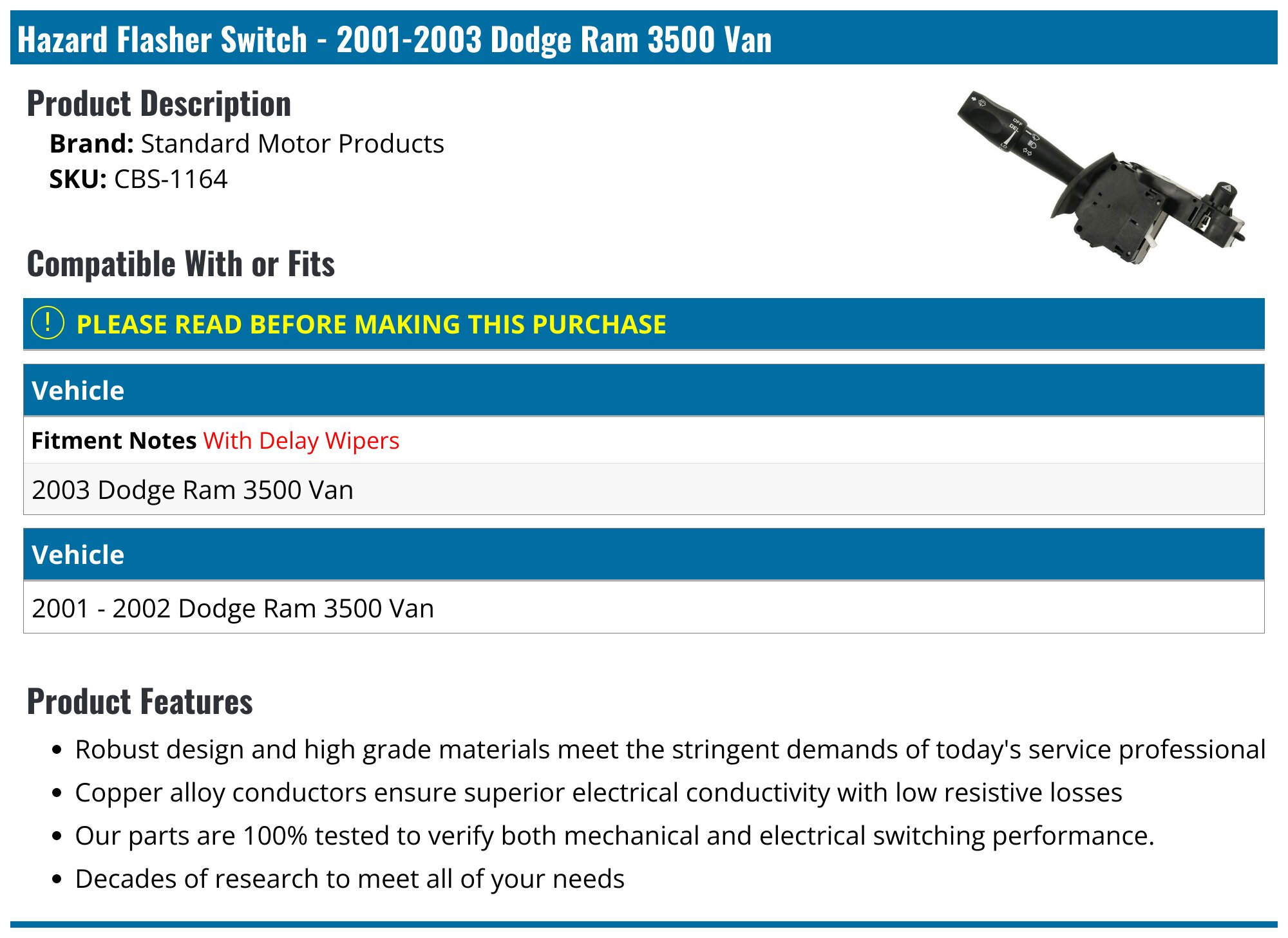 2001-2003 Dodge Ram 3500 Van Hazard Flasher Switch - Standard Motor ...
