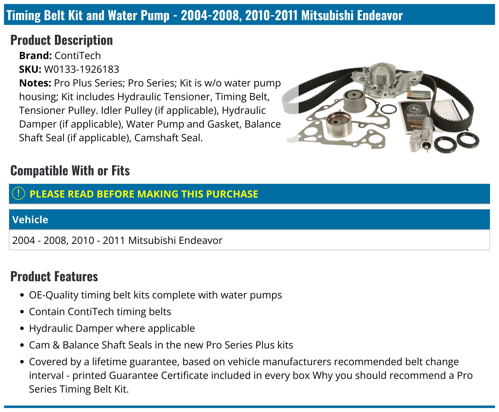 2004-2008, 2010-2011 Mitsubishi Endeavor Timing Belt - ContiTech W0133 ...