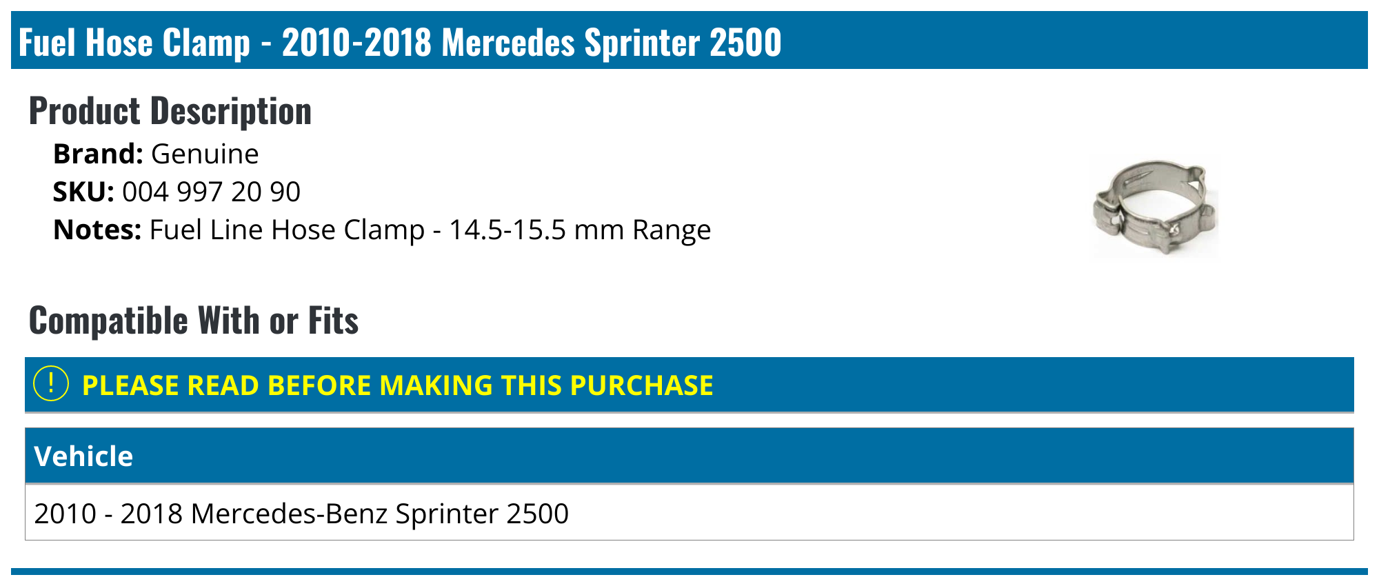 2010-2018 Mercedes Sprinter 2500 Fuel Hose Clamp - Genuine 004 997 20 ...