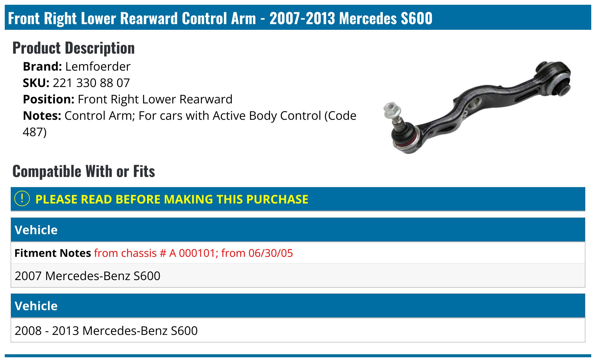 2007-2013 Mercedes S600 Control Arm - Lemfoerder 221 330 88 07 - Front ...