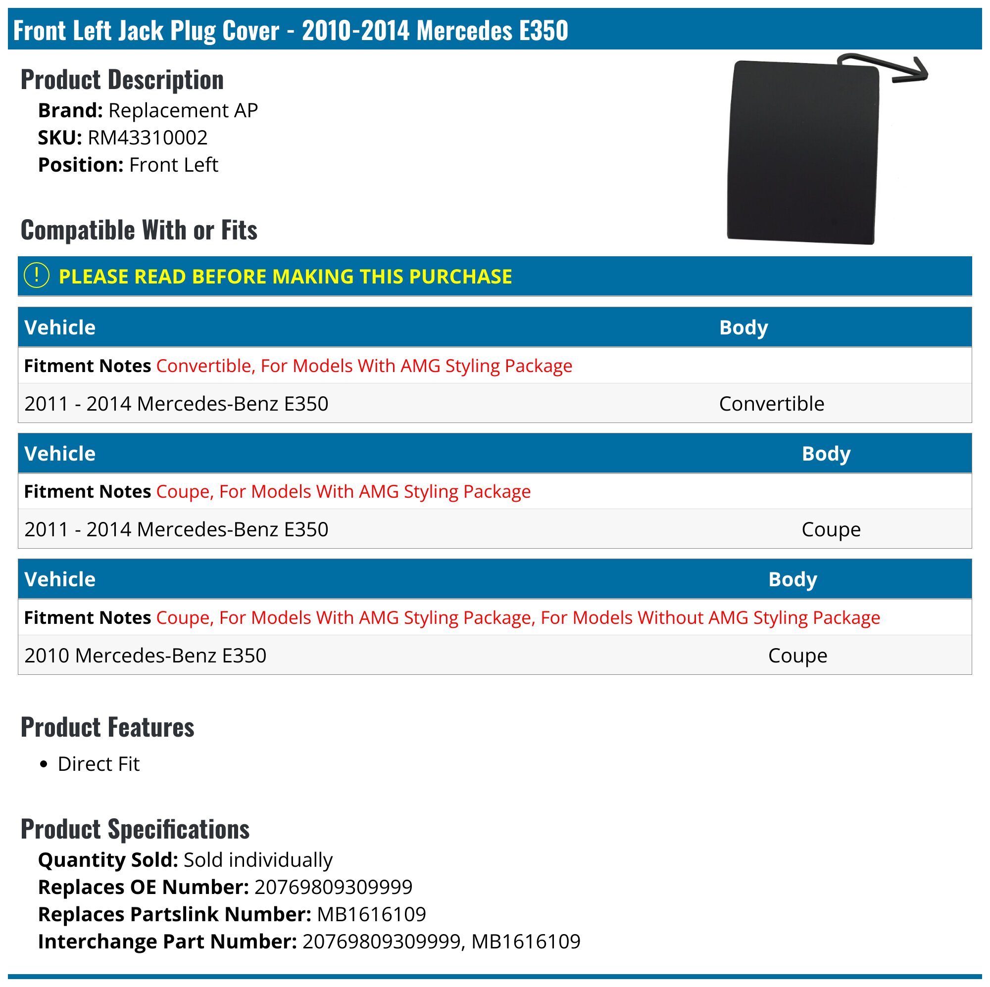 2010-2014 Mercedes E350 Jack Plug Cover - Replacement AP RM43310002 ...