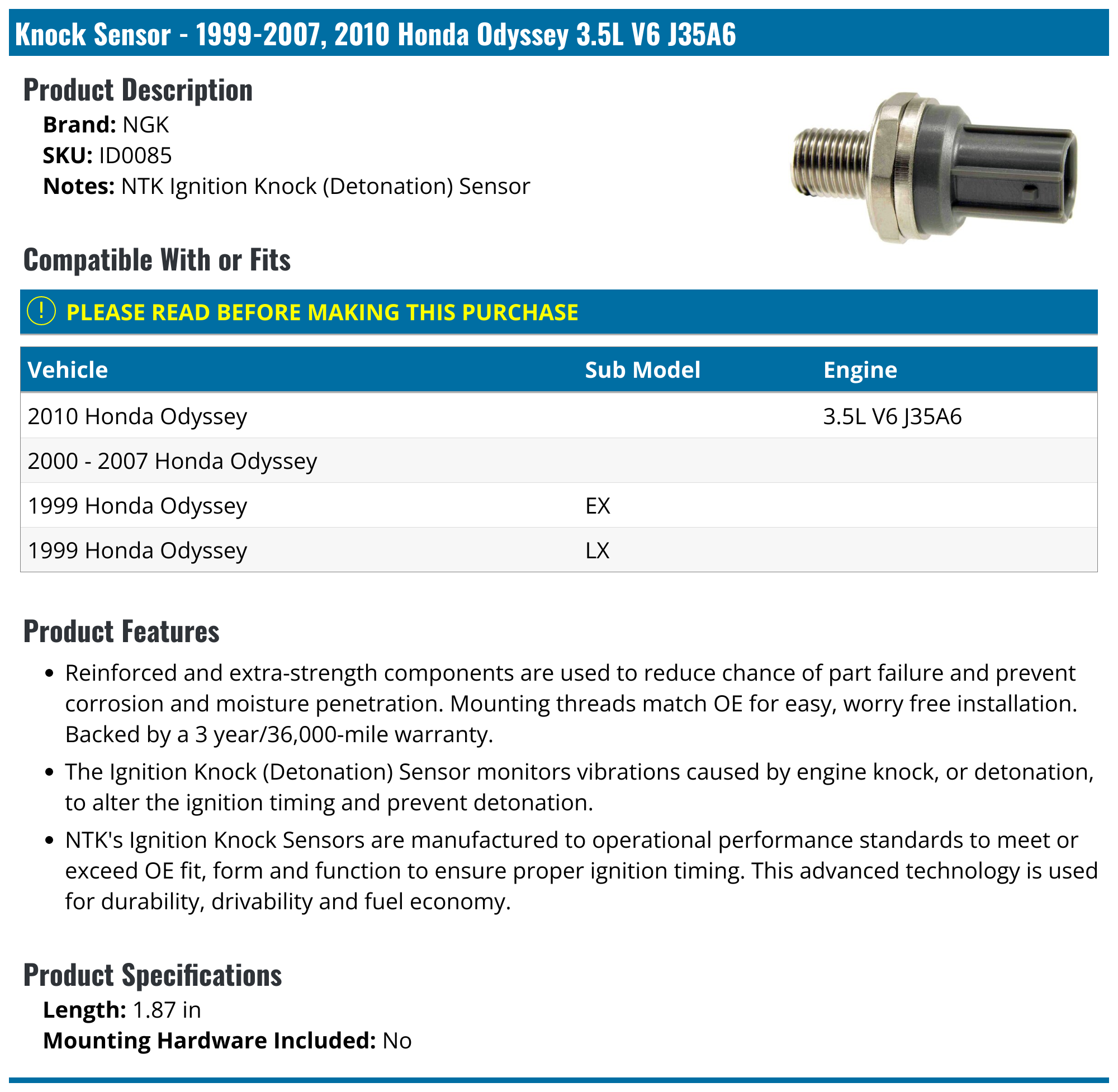 1999-2007, 2010 Honda Odyssey Knock Sensor - NGK ID0085 - - PartsGeek.com