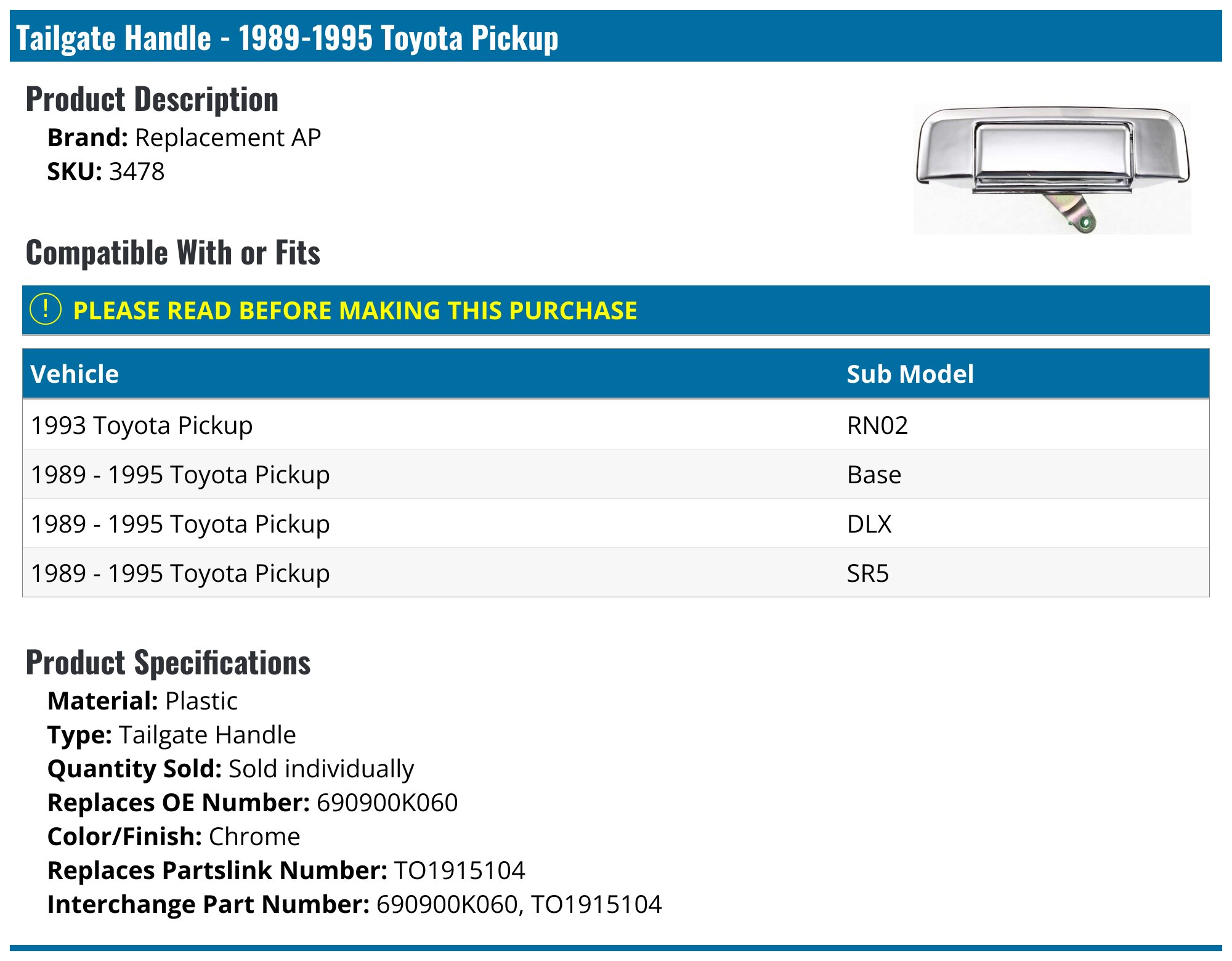 1989-1995 Toyota Pickup Tailgate Handle - Replacement AP 3478 ...