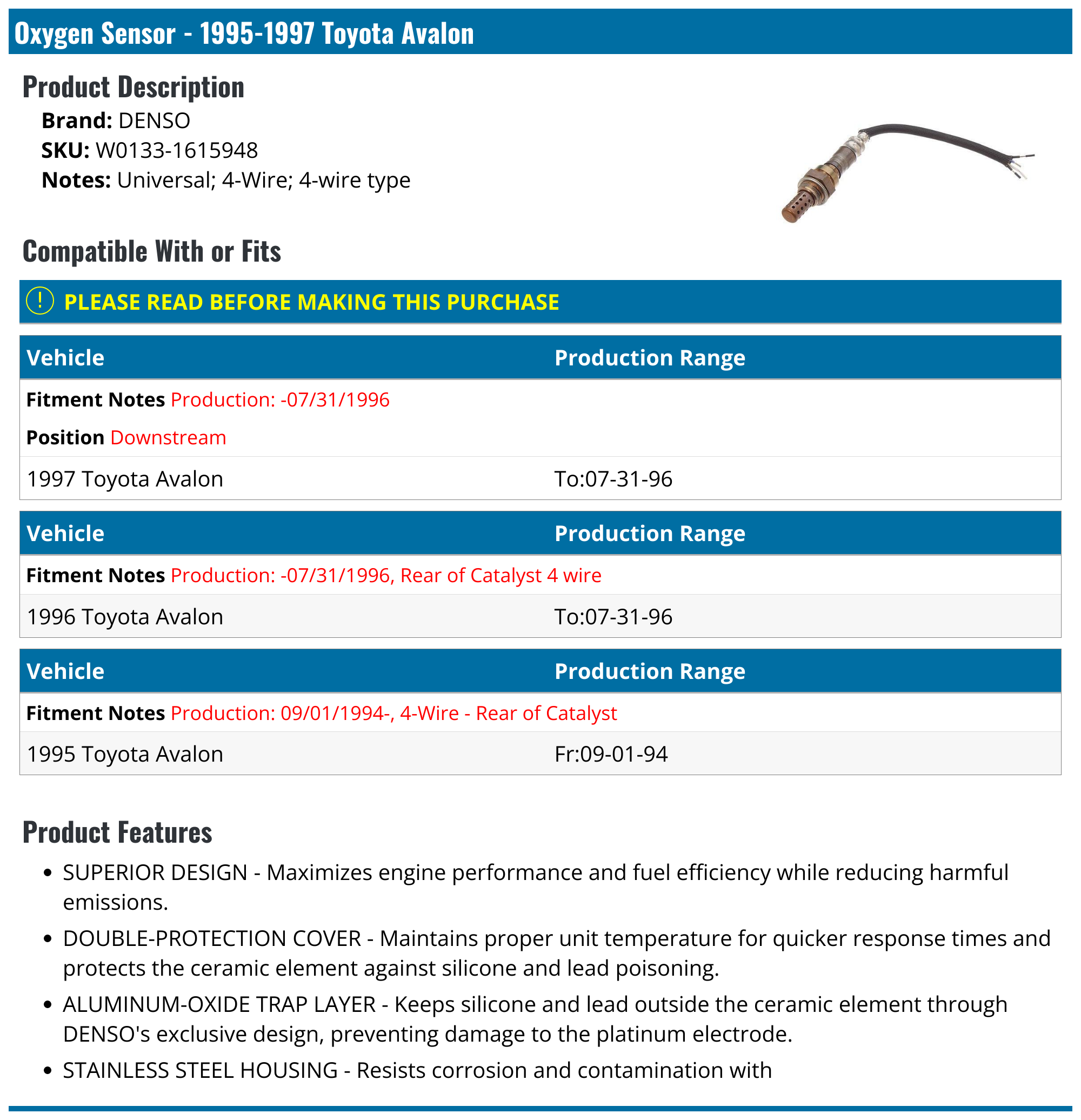 1995-1996 Toyota Avalon Oxygen Sensor - Denso W0133-1615948 ...