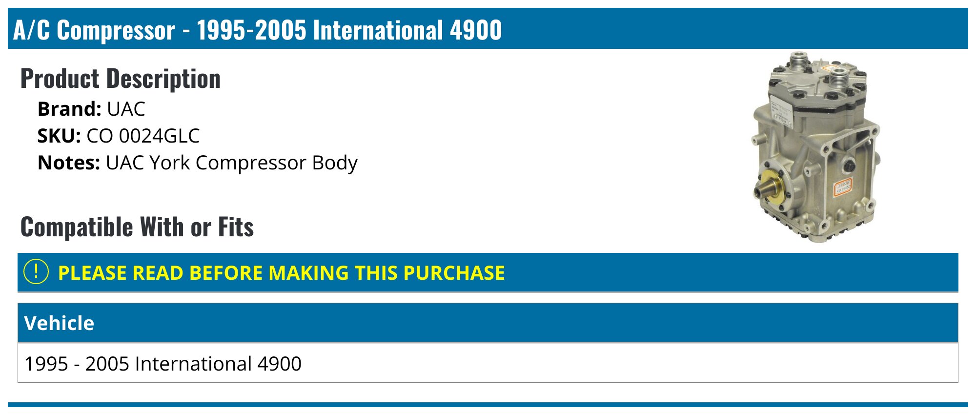 1995-2005 International 4900 A/C Compressor - UAC CO 0024GLC ...