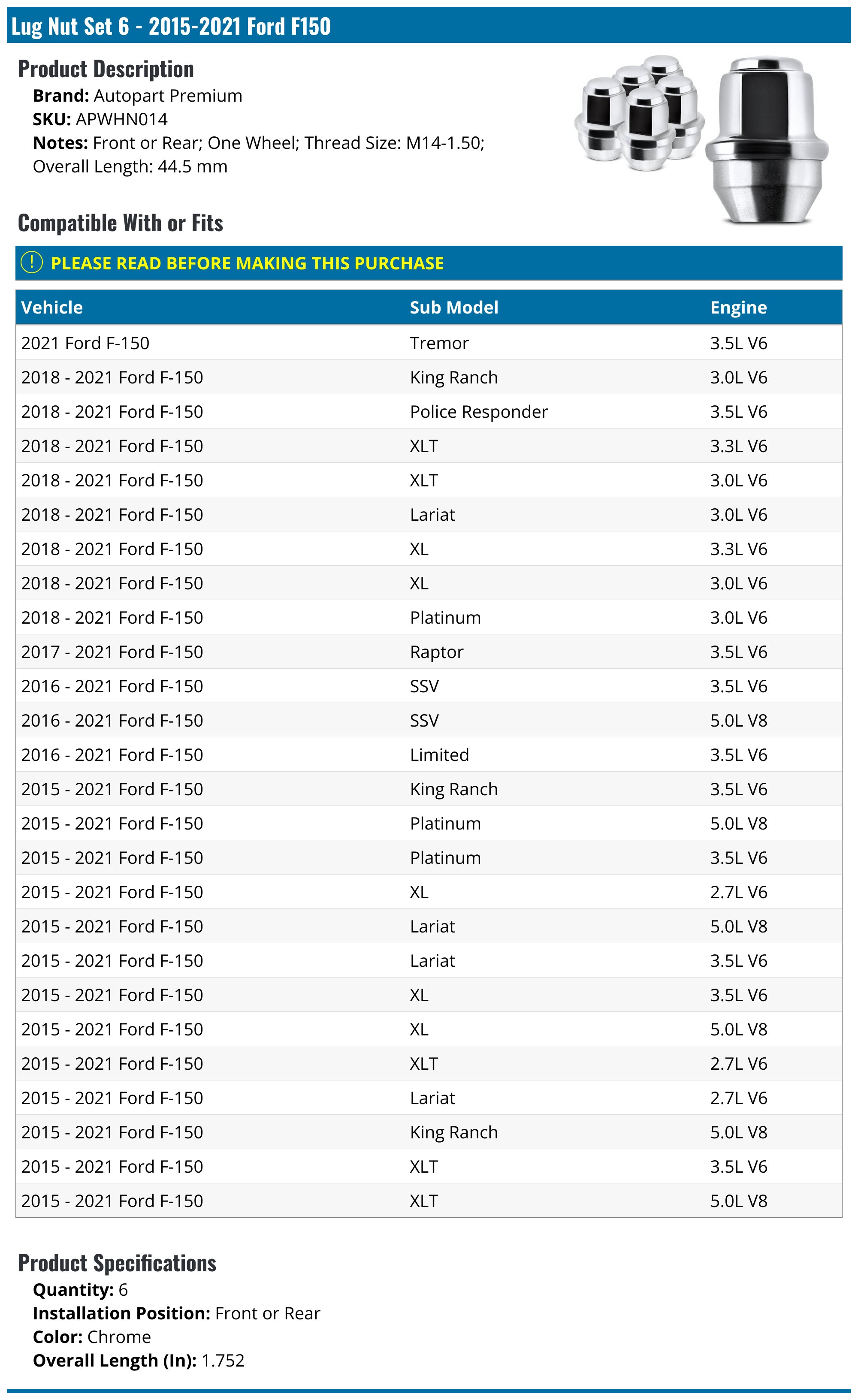 2015-2021 Ford F150 Lug Nut - Autopart Premium APWHN014 - Front or Rear ...