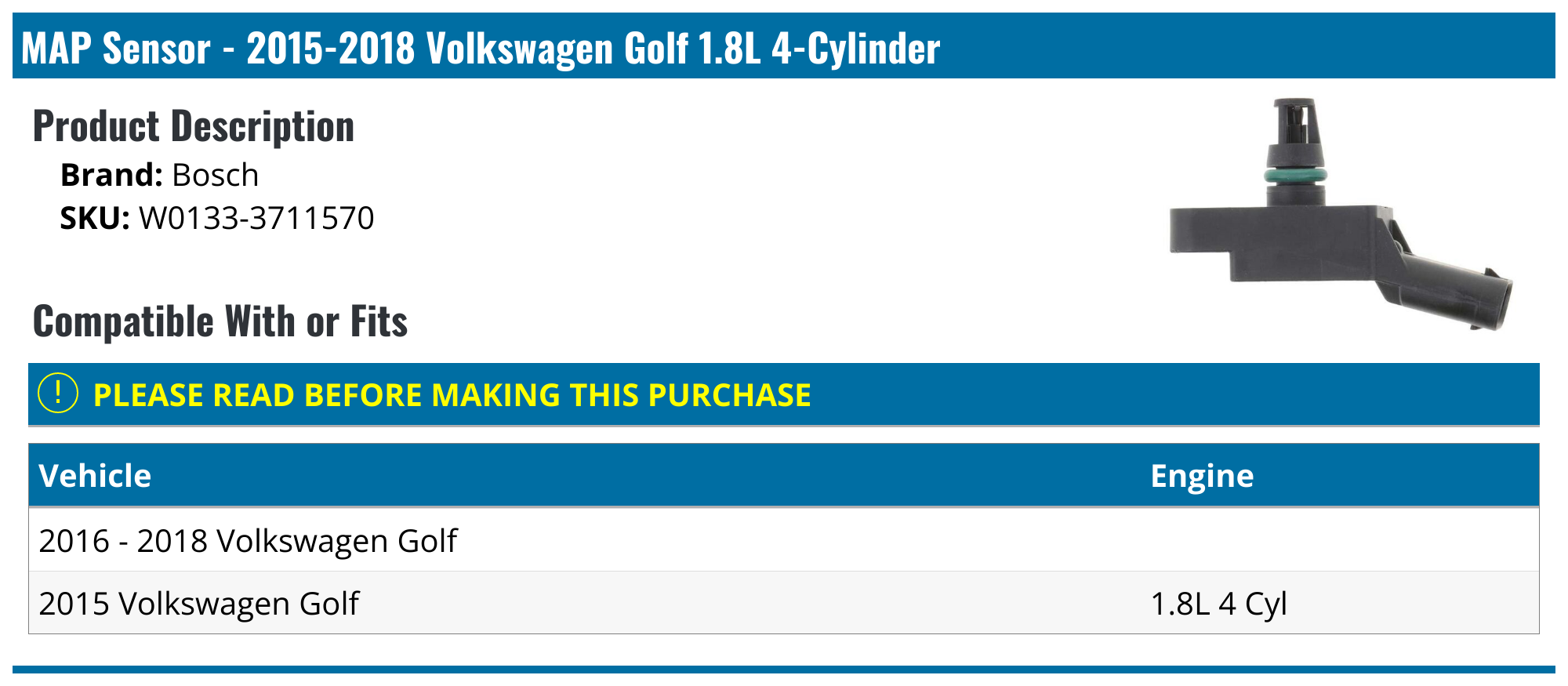 2015-2018 Volkswagen Golf MAP Sensor - Bosch W0133-3711570 - PartsGeek.com