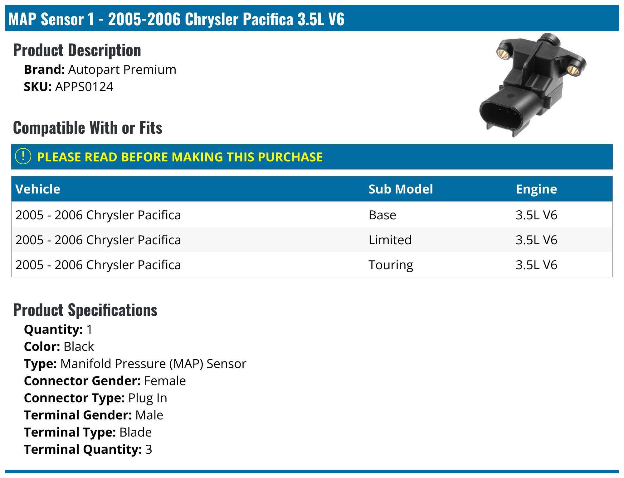 2005-2006 Chrysler Pacifica MAP Sensor - Autopart Premium APPS0124 ...