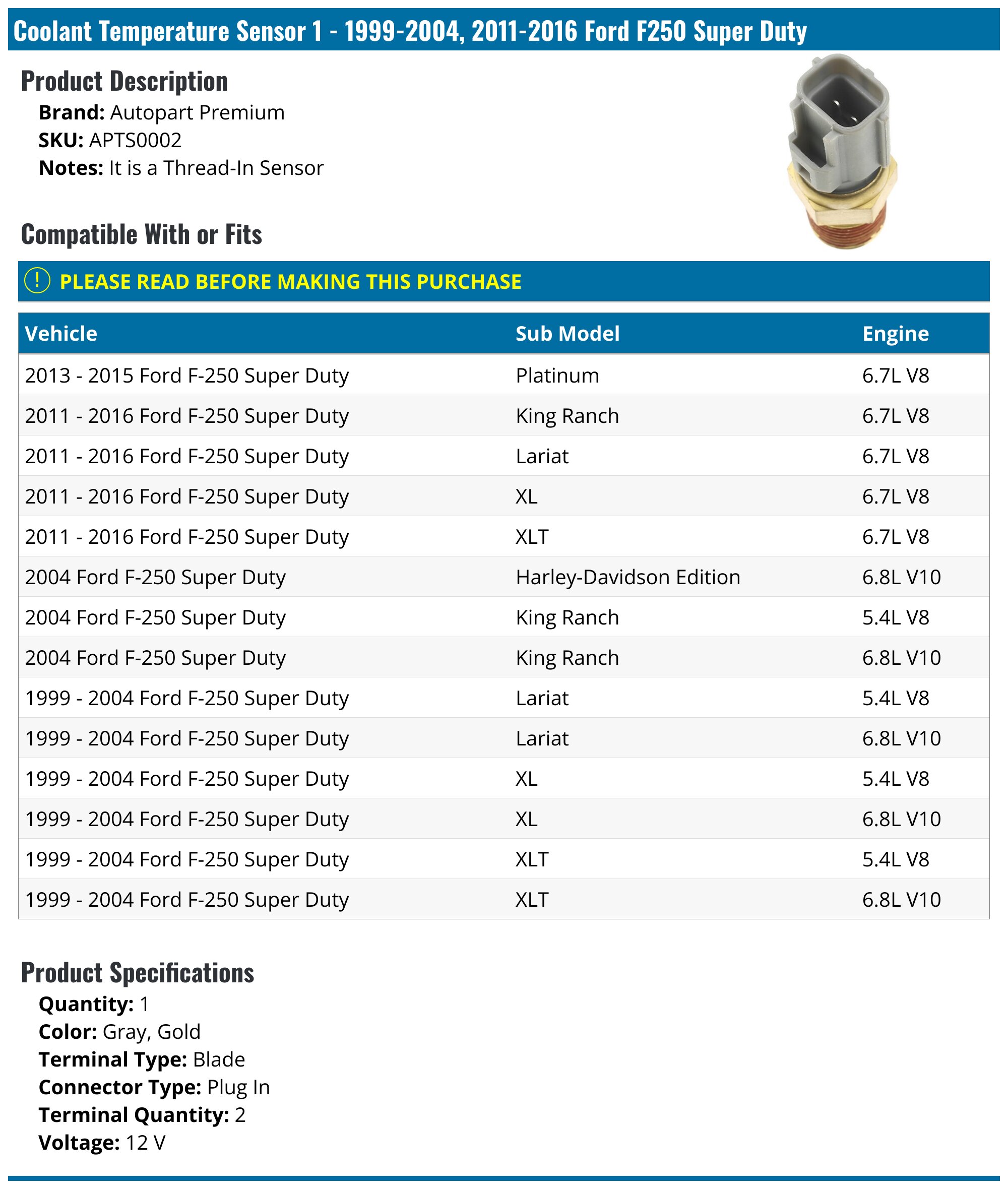 1999-2004, 2011-2016 Ford F250 Super Duty Engine Coolant Temperature ...