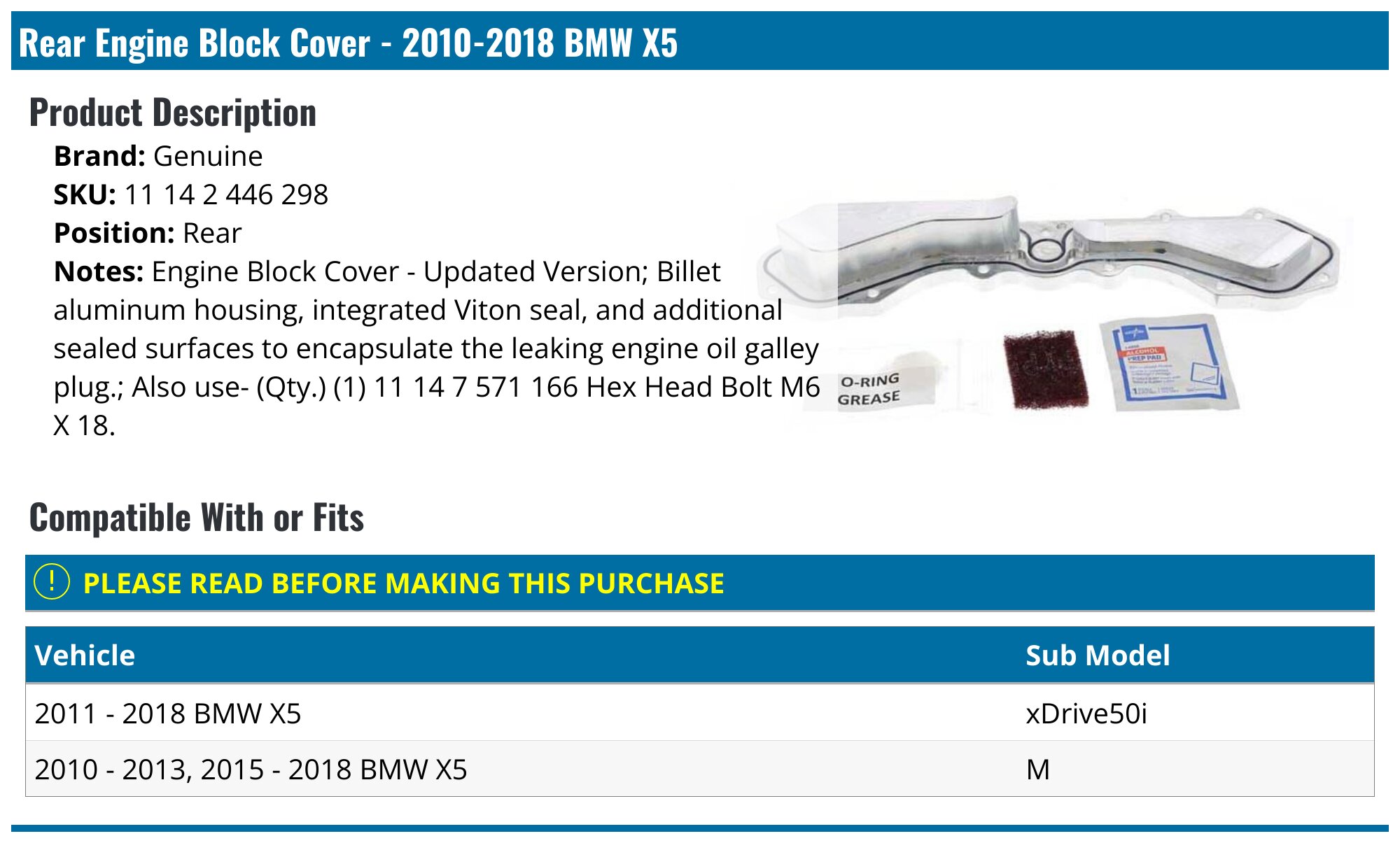 2010-2018 BMW X5 Engine Block Cover - Genuine 11 14 2 446 298 - Rear ...