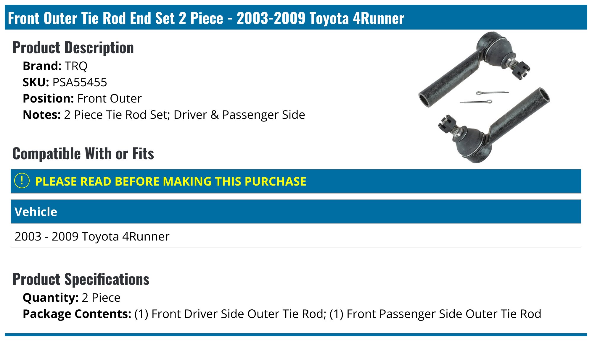 2003-2009 Toyota 4Runner Tie Rod End - TRQ PSA55455 - Front Outer ...