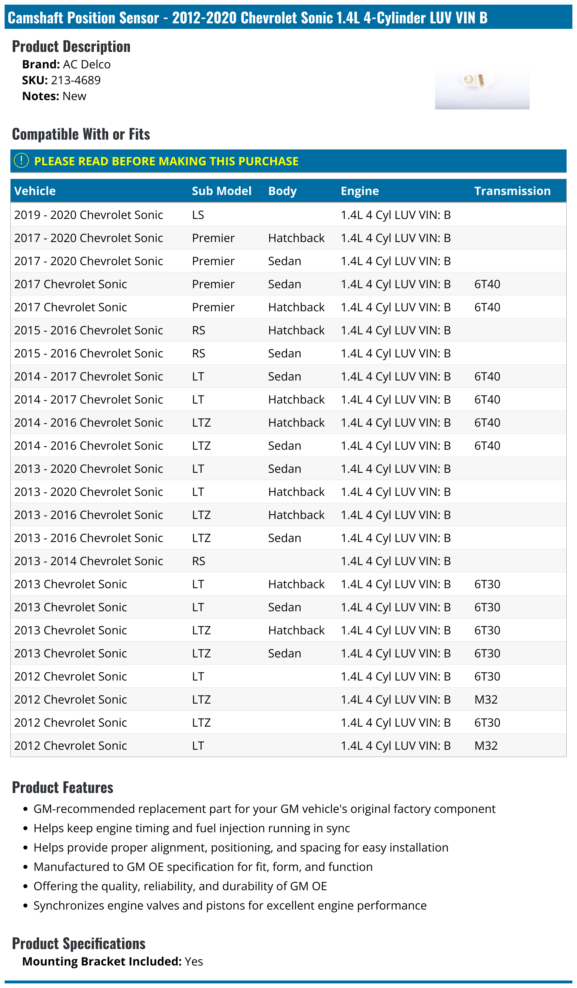 2012-2020 Chevrolet Sonic Camshaft Position Sensor - AC Delco 213-4689 ...