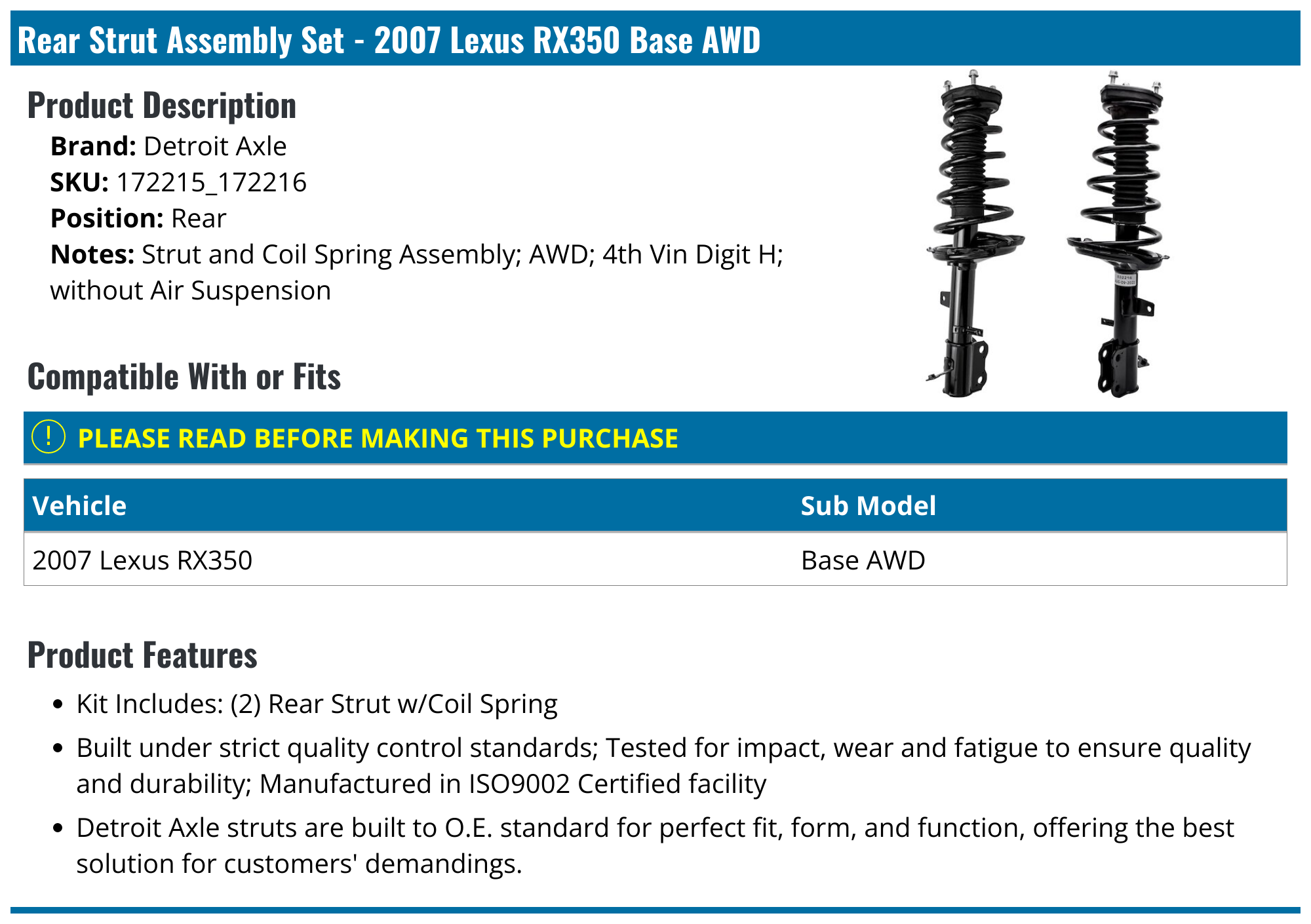 2007 Lexus RX350 Strut Assembly - Detroit Axle 172215_172216 - Rear ...