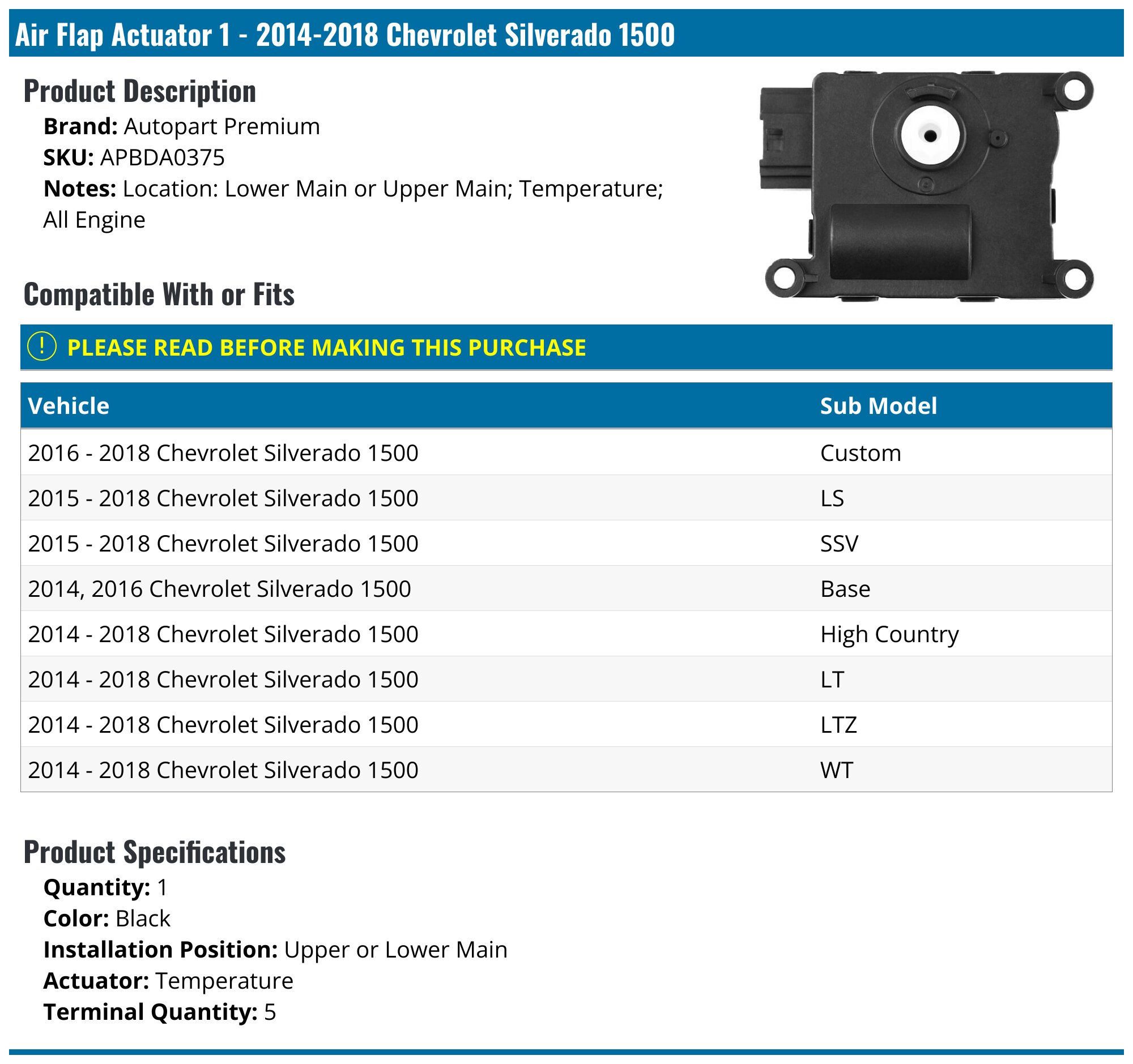 2014-2018 Chevrolet Silverado 1500 Air Flap Actuator - Autopart Premium ...